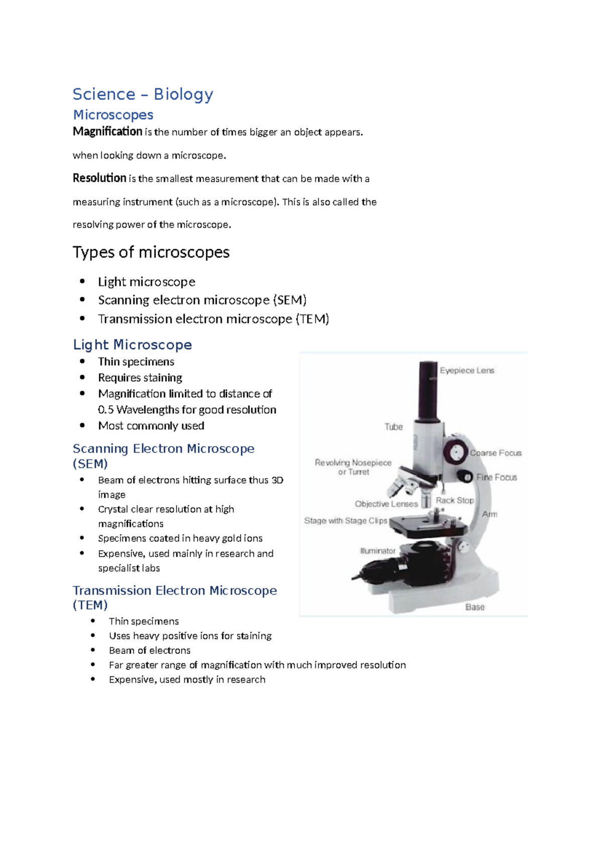 Science Revision notes - Science – Biology Microscopes Magnification is ...