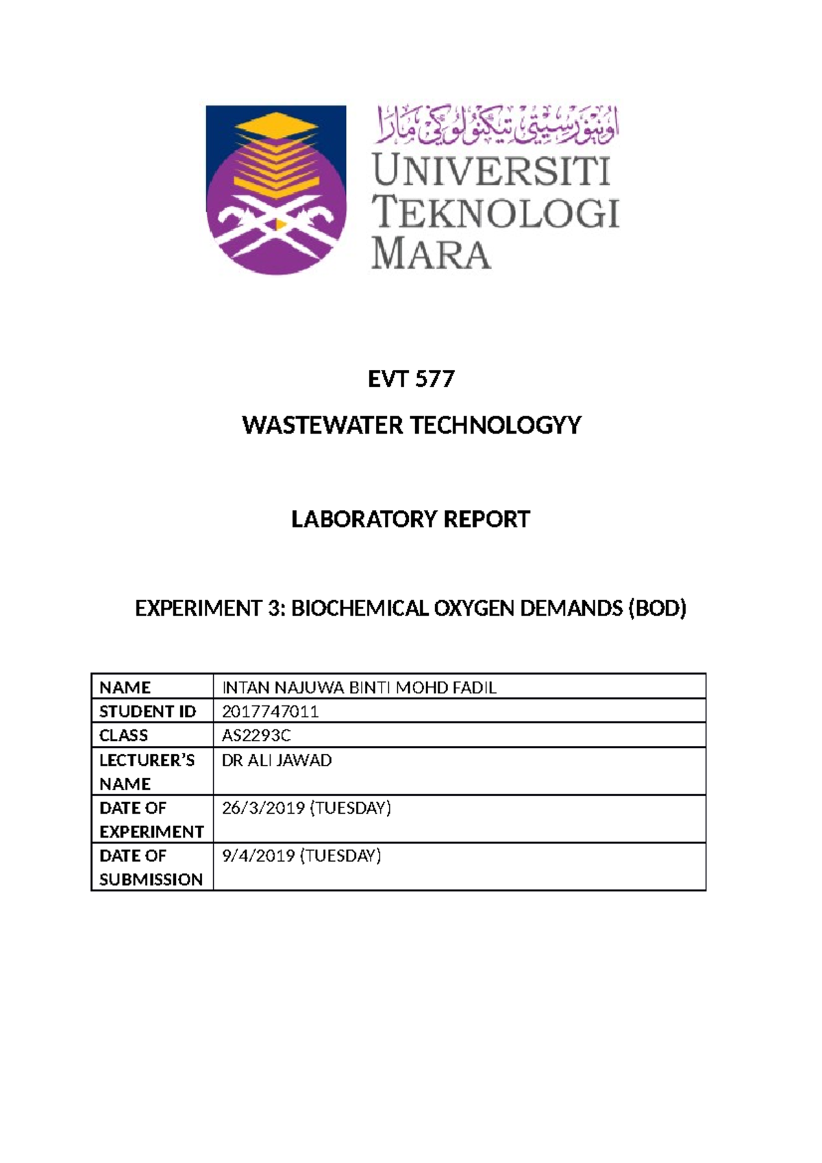 4 - assessment - EVT 577 WASTEWATER TECHNOLOGYY LABORATORY REPORT ...
