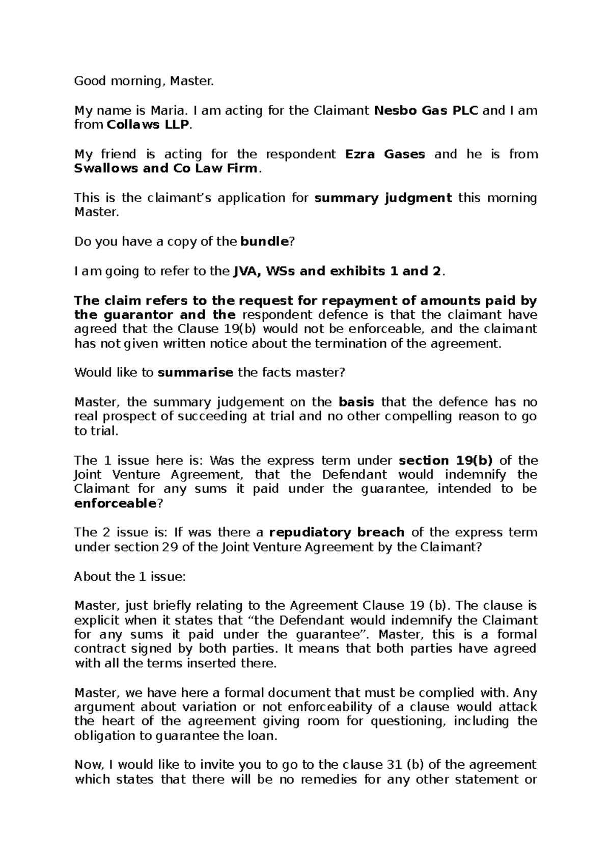 Prective advocay exam - script - Good morning, Master. My name is Maria ...