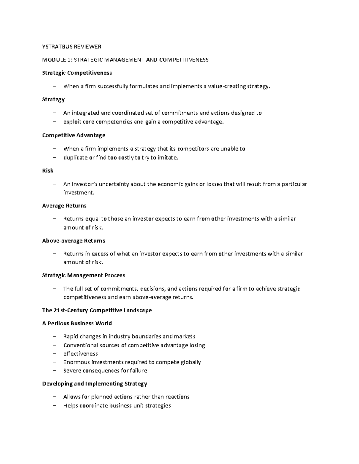 Ystratbus- Reviewer - Lecture notes - YSTRATBUS REVIEWER MODULE 1 ...