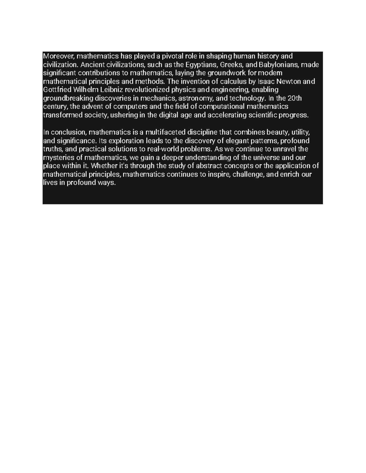 MATH 443 - introduction of math - Moreover, mathematics has played a ...