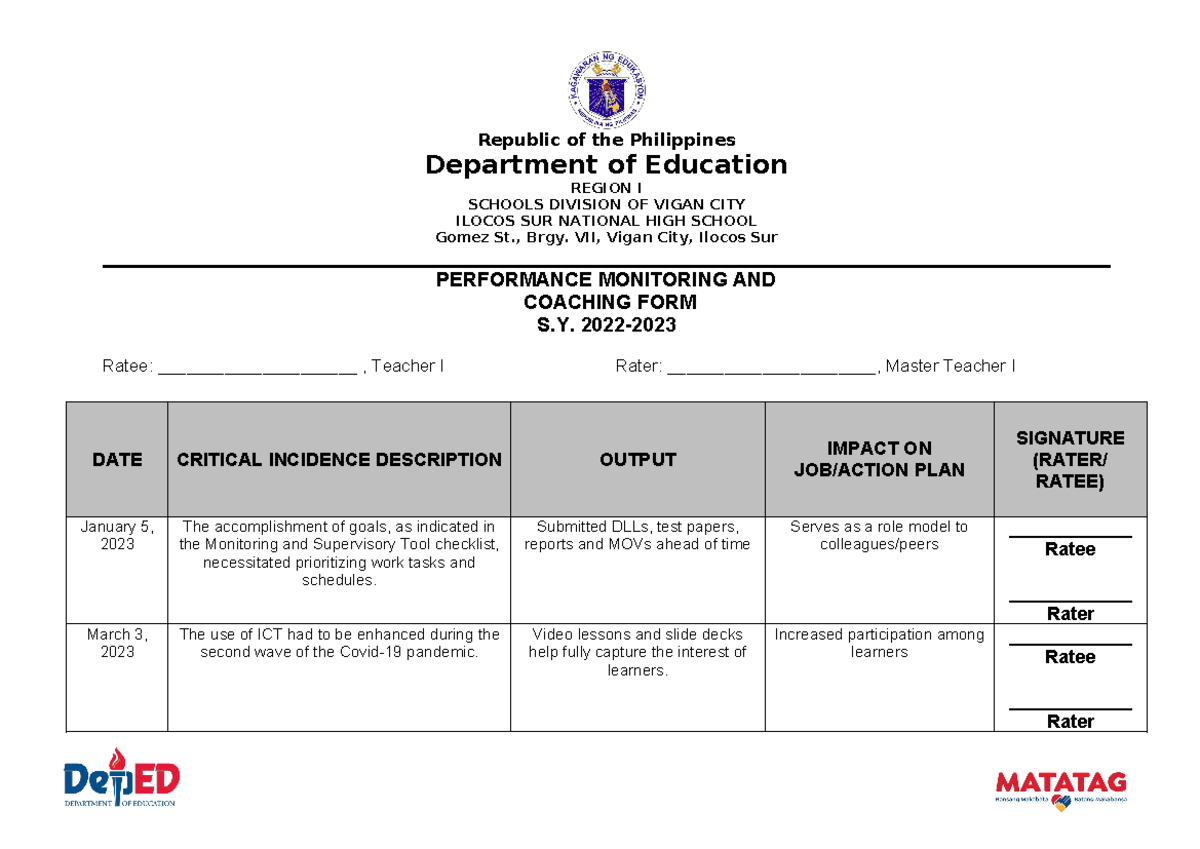 Performance Monitoring FORM 2022-2023 - Republic of the Philippines ...