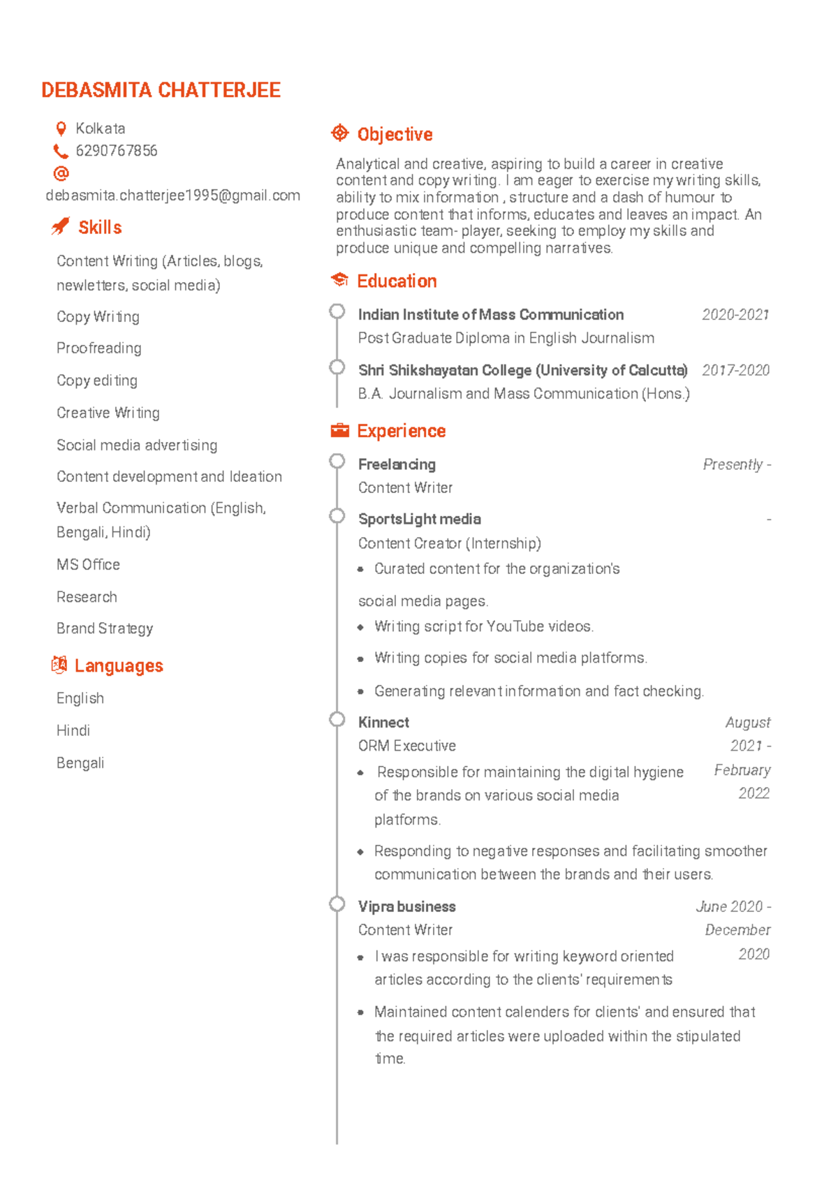 CV Debasmita Chatterjee - Kolkata 6290767856 debasmita@gmail Skills Content Writing - Studocu