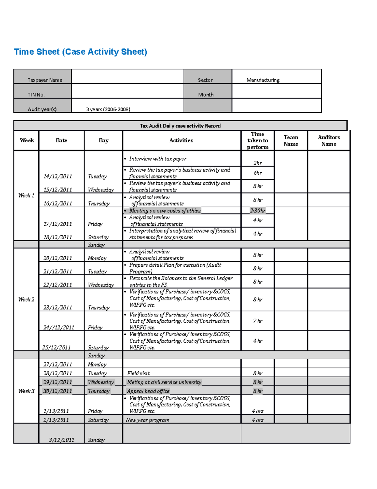 Case Activity (Time sheet) - Time Sheet (Case Activity Sheet) Taxpayer ...