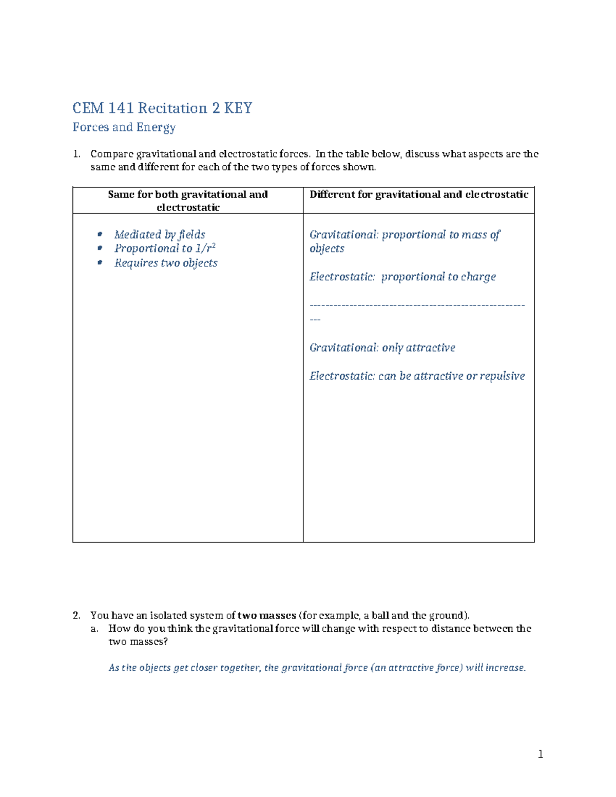 CEM141 Recitation 02 KEY - CEM 141 Recitation 2 KEY Forces and Energy 1 ...