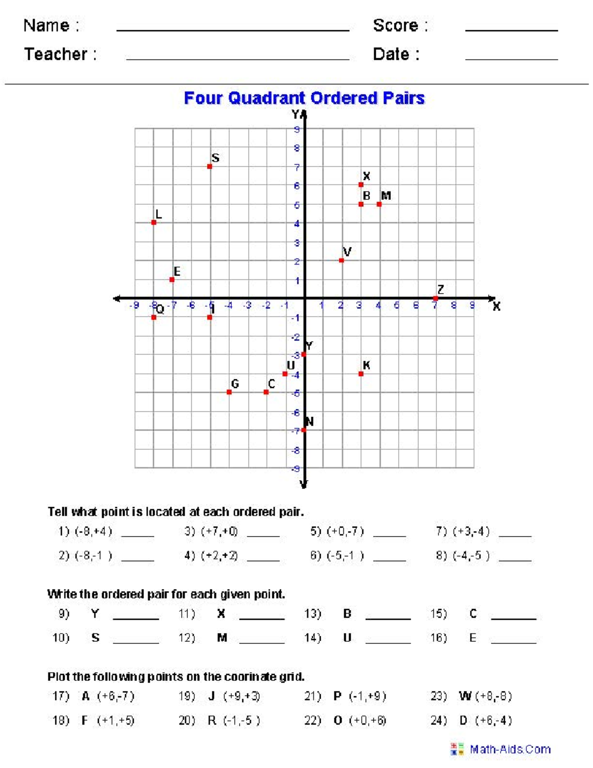 Four quad ordered pairs - MATH 1003 - Name : Score : Teacher : Date ...