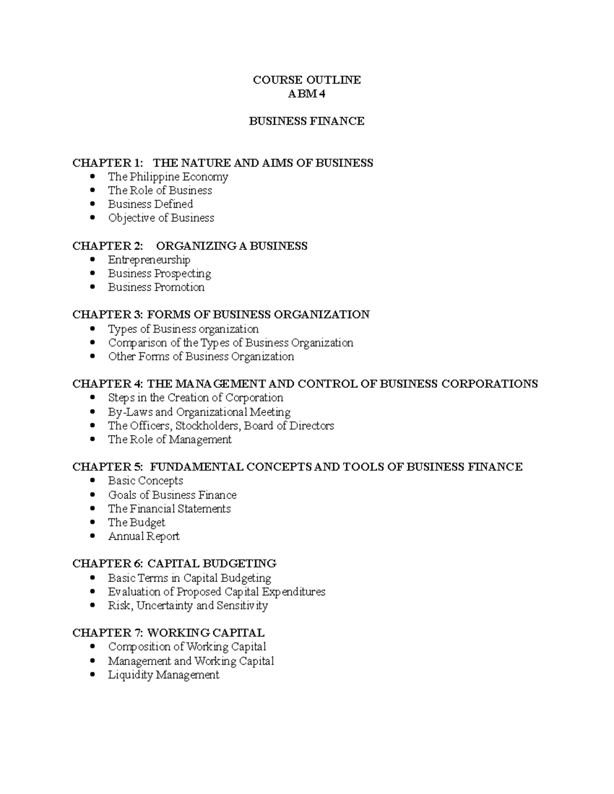 Course Outline ABM 4 - Business Finance - COURSE OUTLINE ABM 4 BUSINESS ...