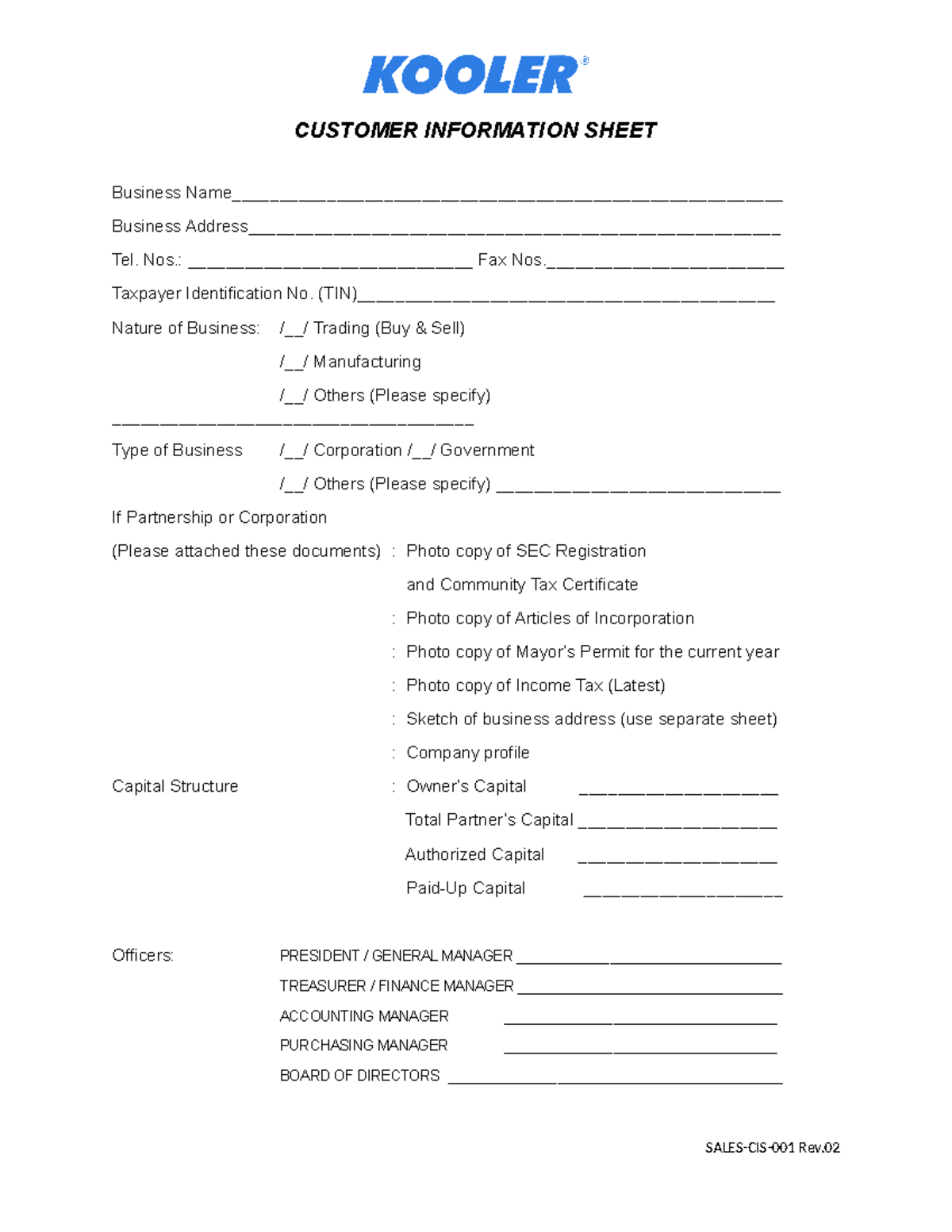 Sales-CIS-001 Rev.02 Customer Information Sheet - CUSTOMER INFORMATION ...
