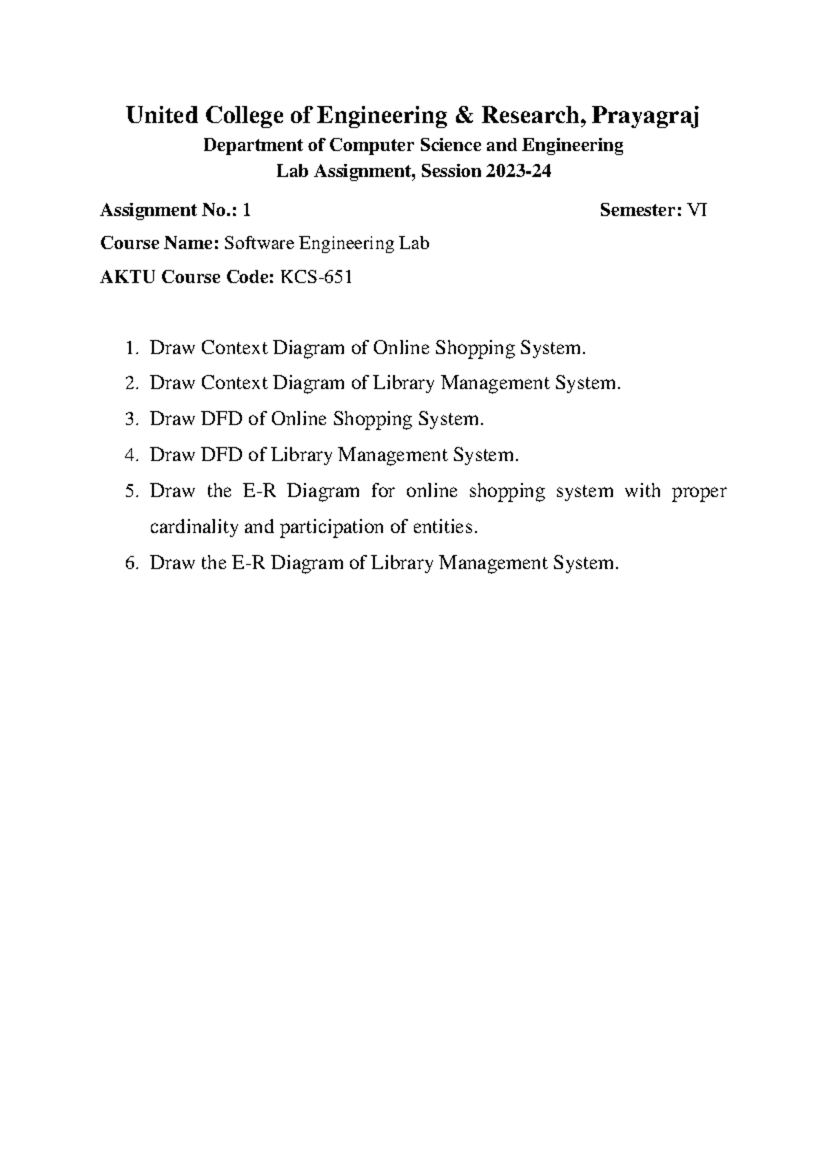 Se Lab Assignment 1 Lab United College Of Engineering And Research Prayagraj Department Of