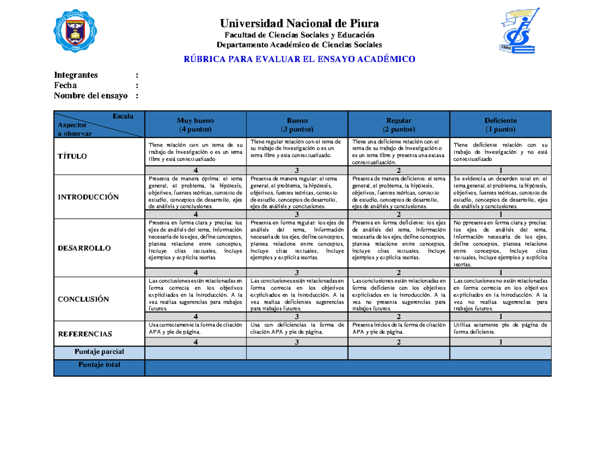 Rubrica PARA Evaluar EL Ensayo - Universidad Nacional de Piura Facultad ...