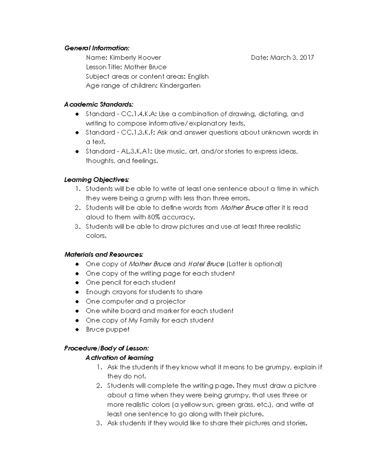 Puppet Lesson Plan - See Title - General Information: Name: Kimberly ...