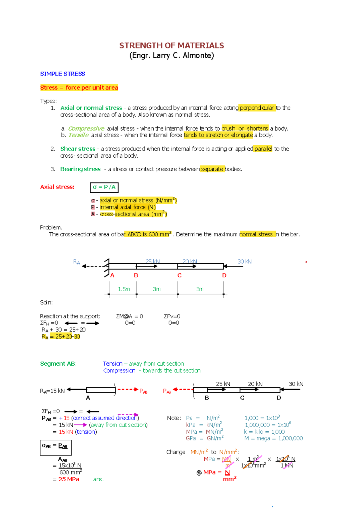 Strength notes 1 Axial stress - STRENGTH OF MATERIALS (Engr. Larry C ...
