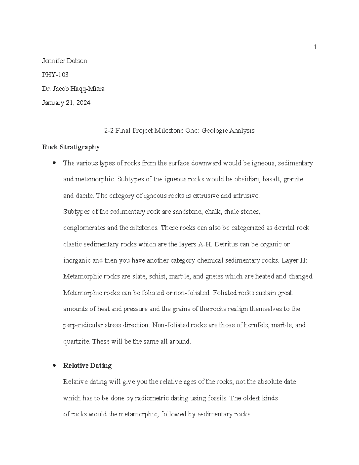 2-2 PHY-103 - 2-2 assignment - Jennifer Dotson PHY- Dr. Jacob Haqq-Misra January 21, 2024 2-2 ...