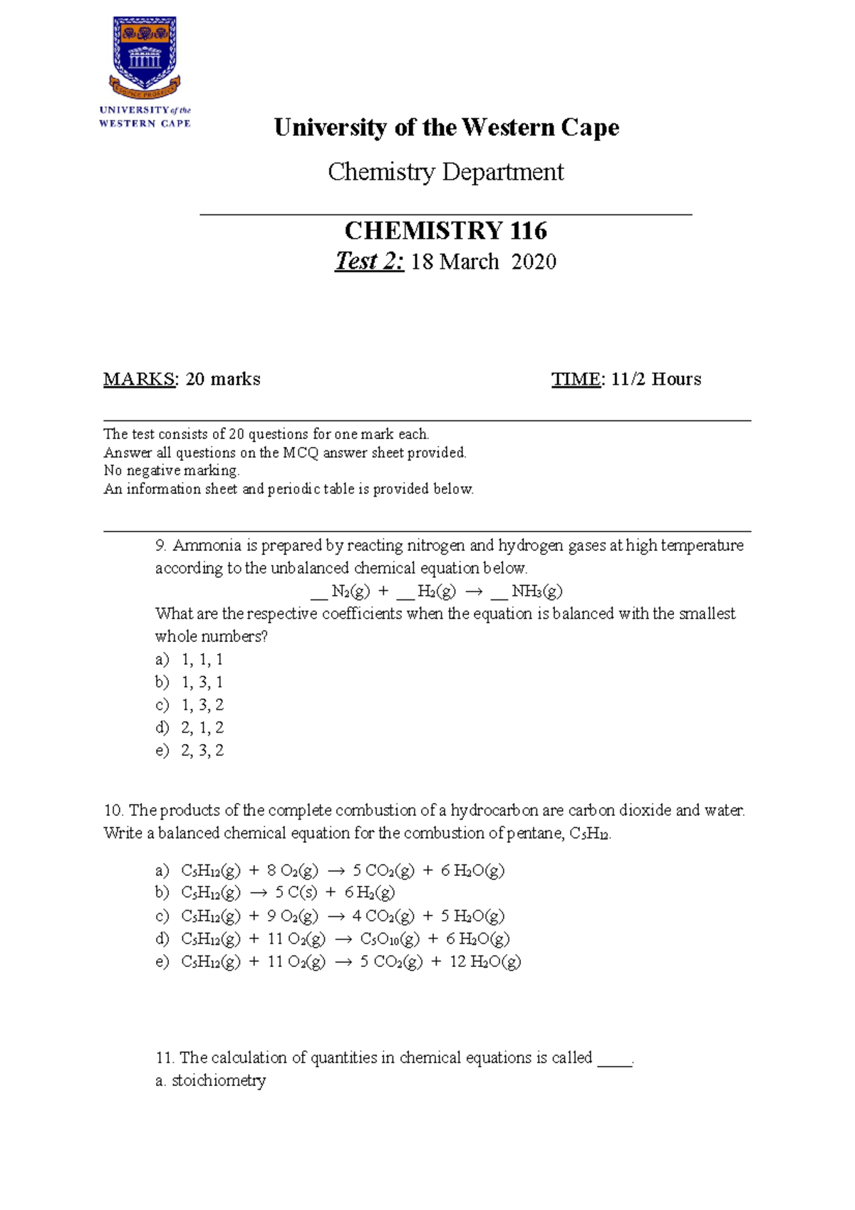 CHE 116-TEST 2-2020 - Test 2 2020 - University of the Western Cape ...