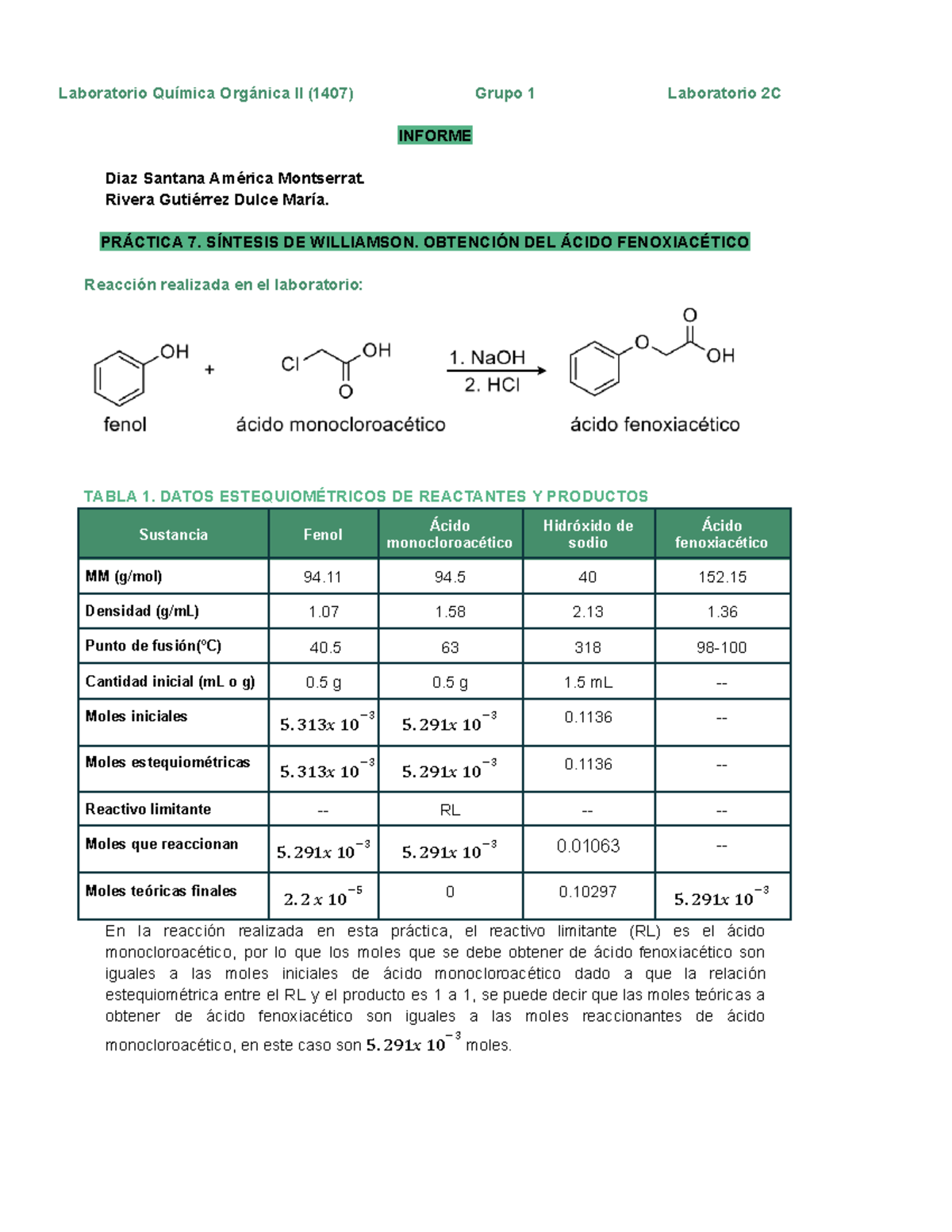 Informe Práctica 7 Lab QOII - Laboratorio Química Orgánica II (1407 ...
