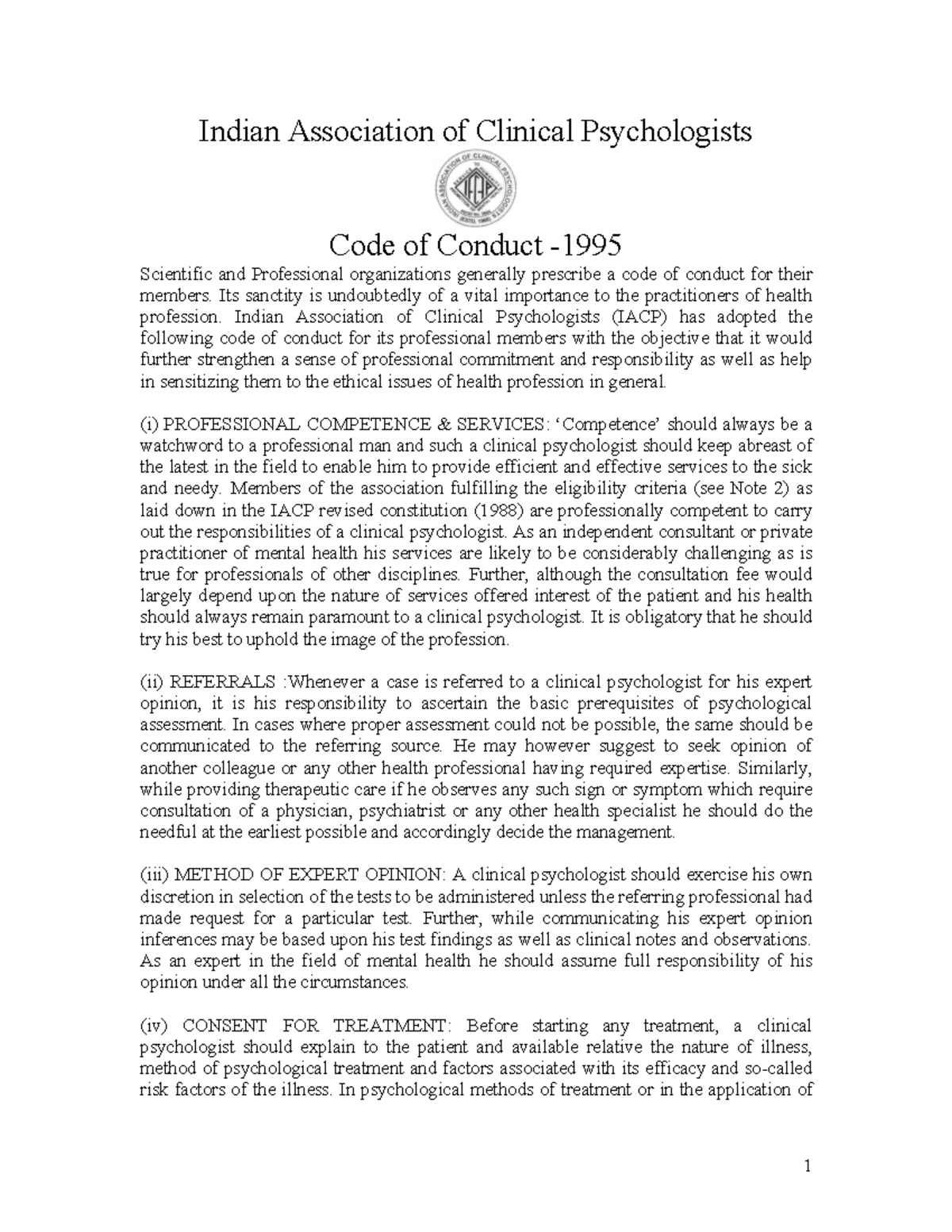 Indian Association of clinical psychology- Code of conduct - 1 Indian ...