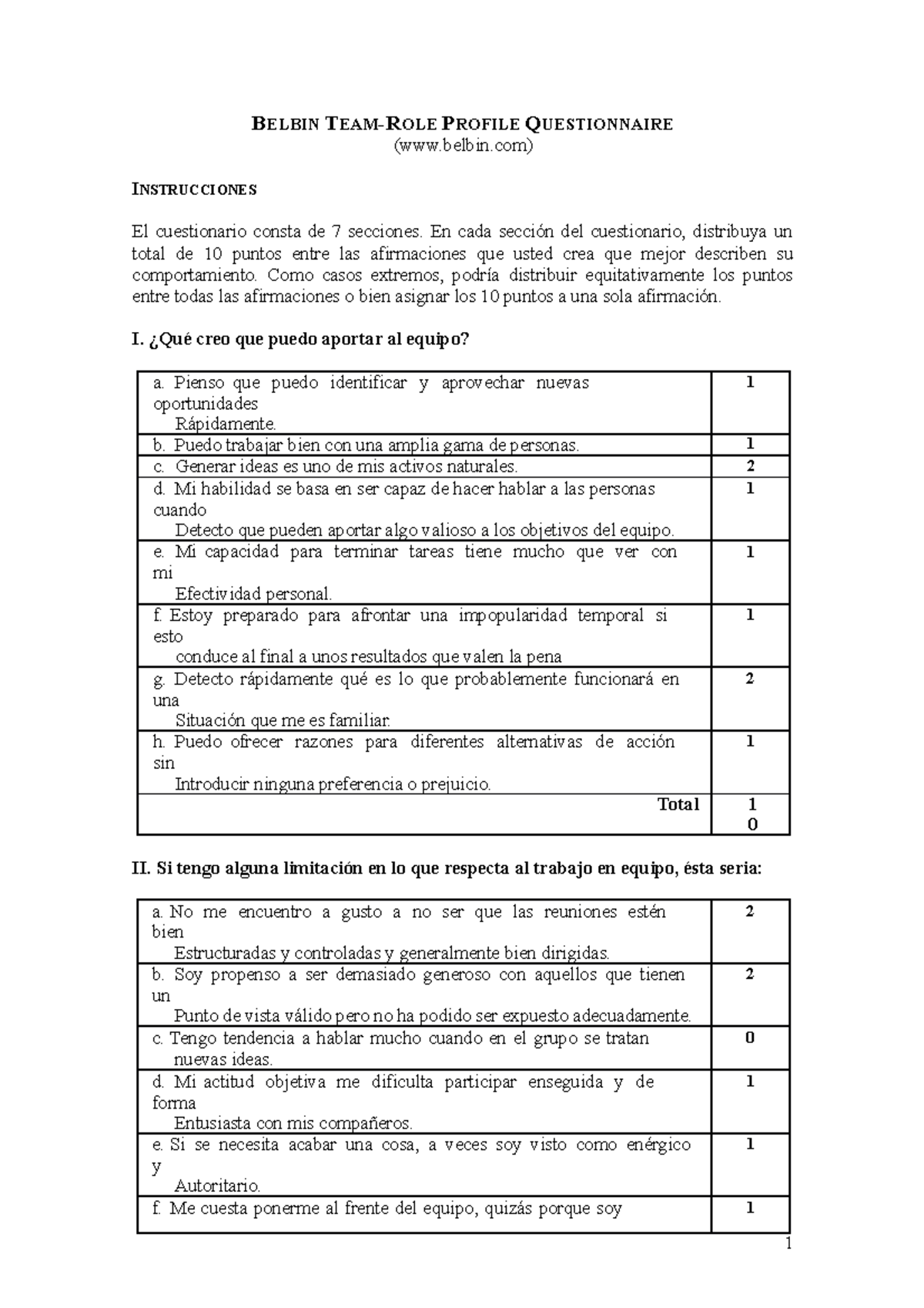 5° Producto 02 TEST Belbin - BELBIN TEAM-ROLE PROFILE QUESTIONNAIRE ...
