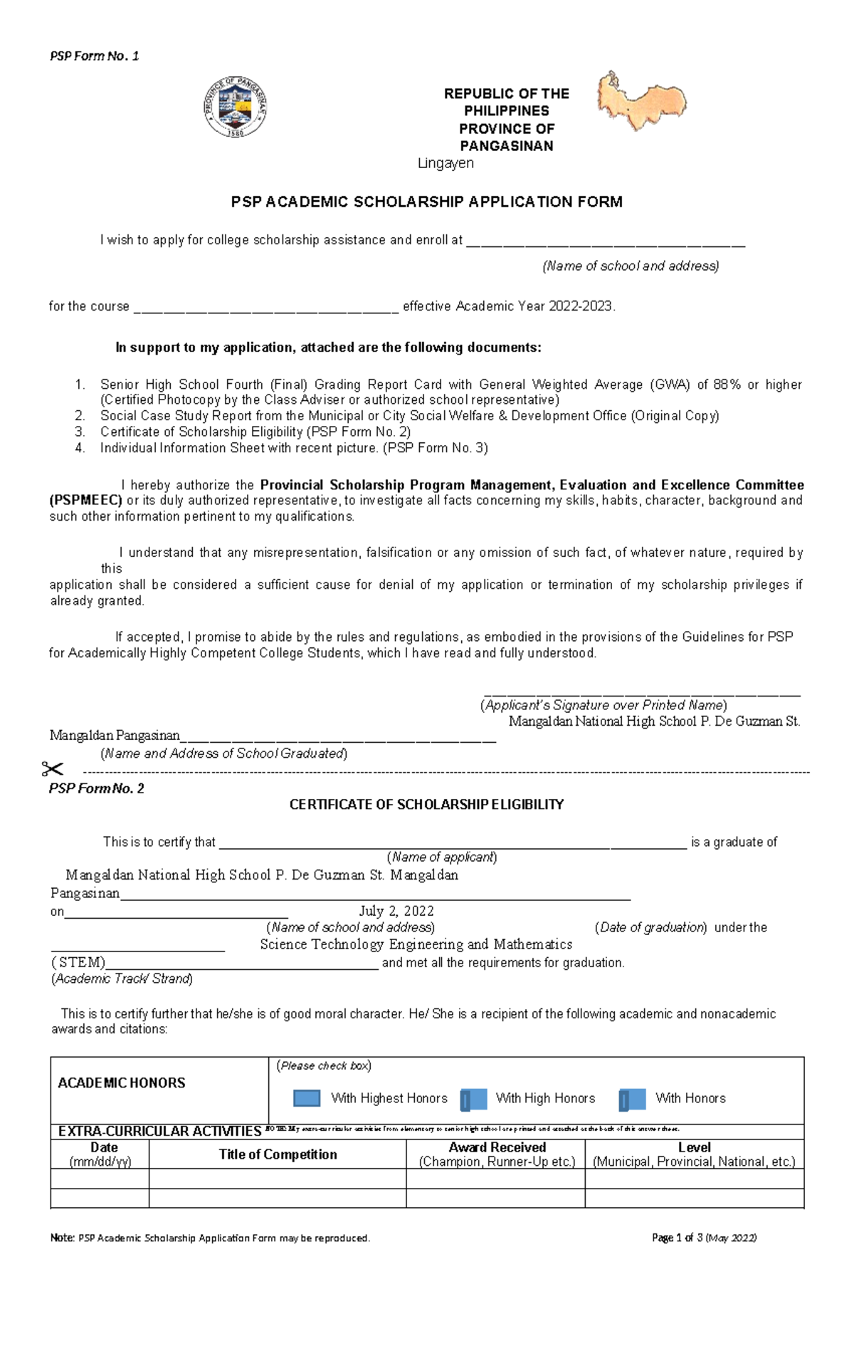 2022 PSP Policies and Guidelines 2 - PSP Form No. 1 REPUBLIC OF THE ...