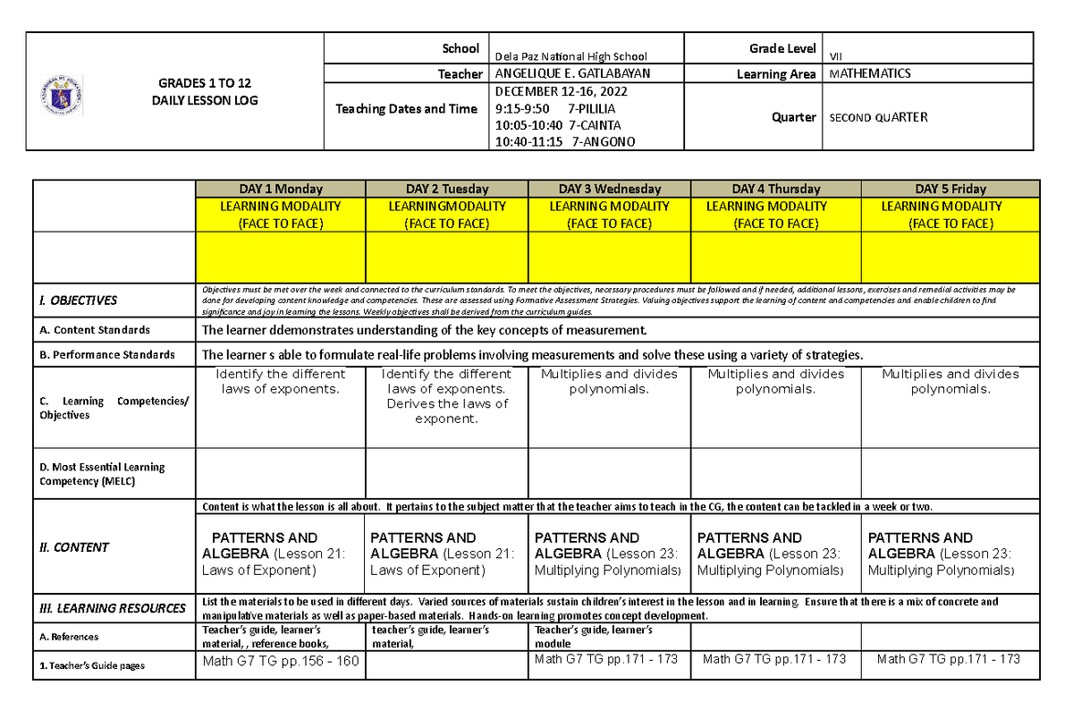 Q2-WEEK-5- Lesson-G7-DLL - GRADES 1 TO 12 DAILY LESSON LOG School Dela ... Q2-WEEK-5- Lesson-G7-DLL - GRADES 1 TO 12 DAILY LESSON LOG School Dela ...