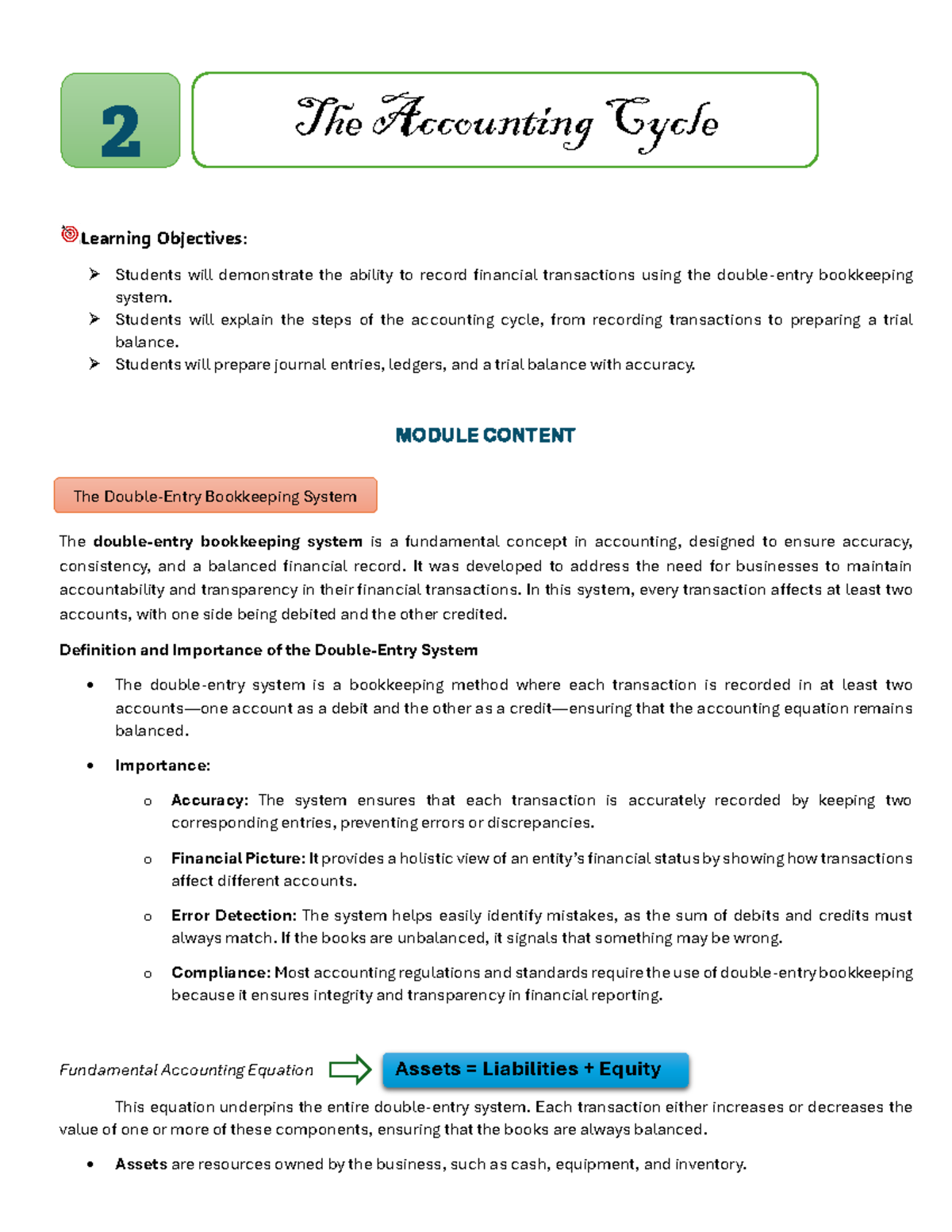 Acctg 1 Module 2 - Learning Objectives: Students will demonstrate the ...
