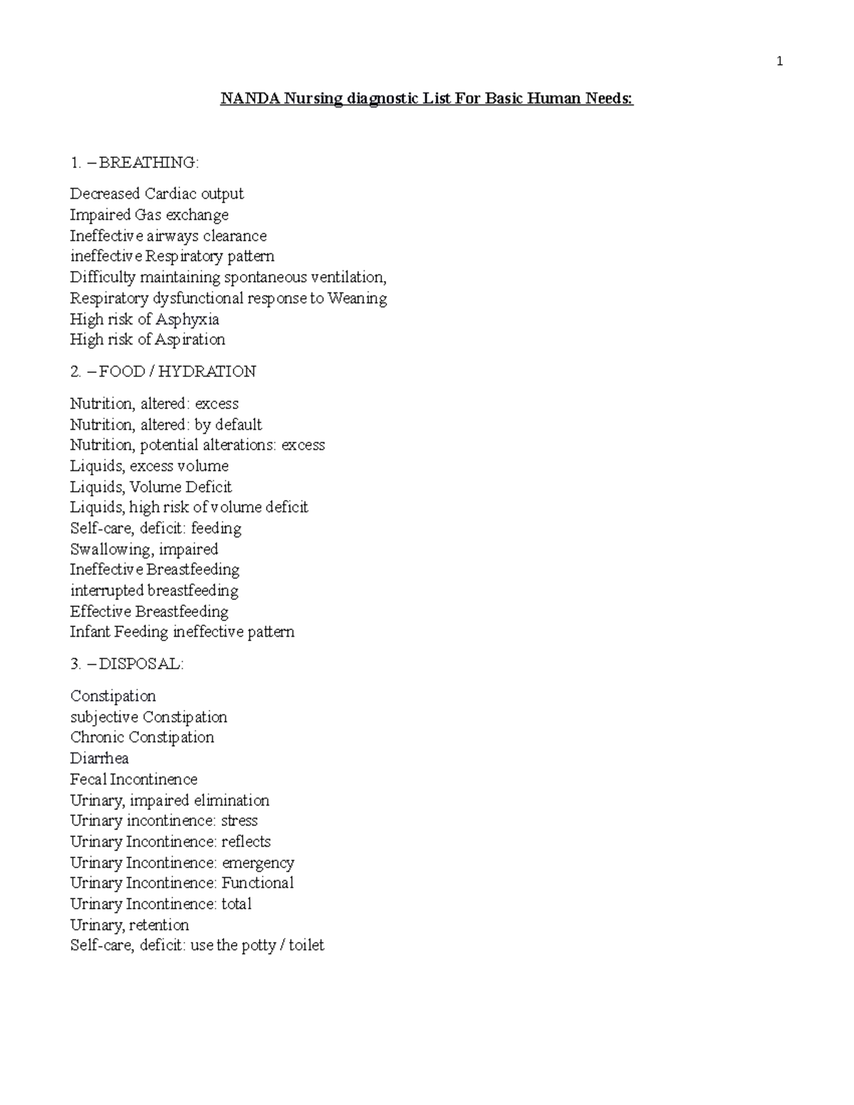 Nursing Diagnosis - NANDA Nursing diagnostic List For Basic Human Needs ...