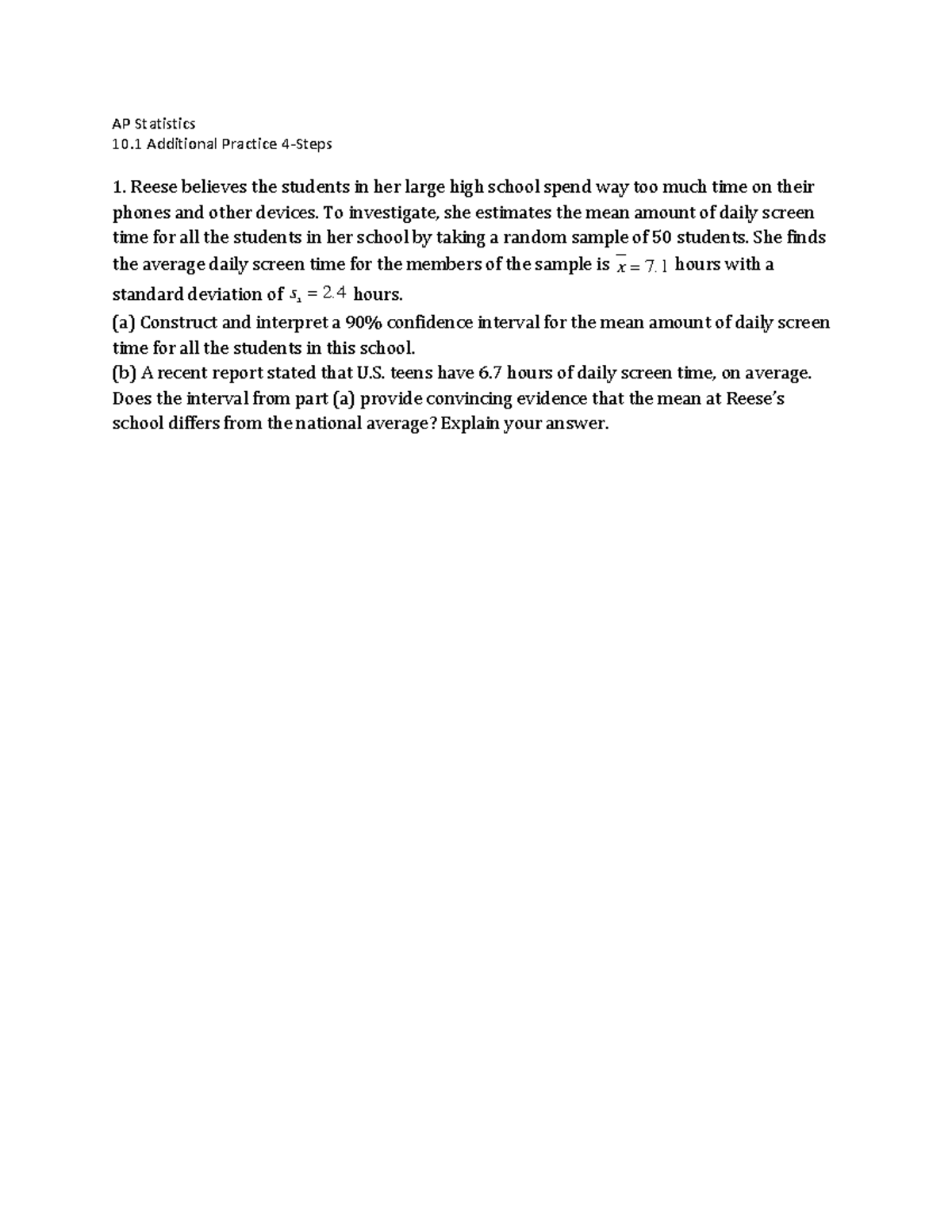 10.1 Extra Practice Examples - AP Statistics 10 Additional Practice 4 ...