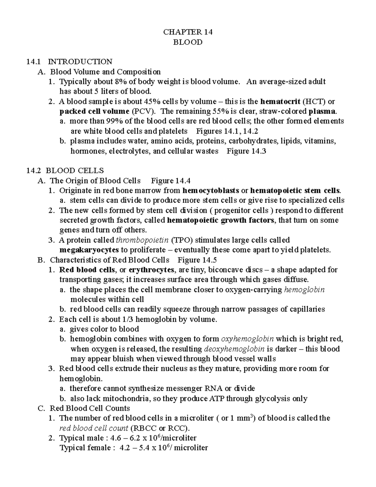 Chapter 14 - CHAPTER 14 BLOOD 14 INTRODUCTION A. Blood Volume and ...