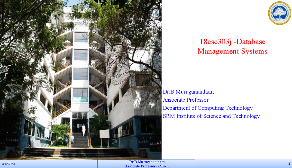 Dbms Unit 3 18csc303j Database Management Systems Drb Associate Professor Department