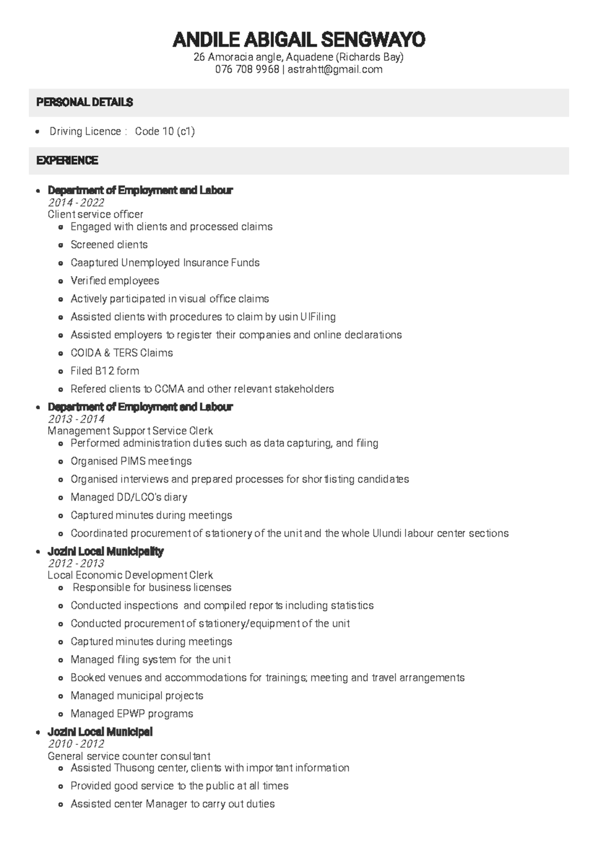 Andile Cv new template - my work to study - ANDILE ABIGAIL SENGWAYO 26 ...