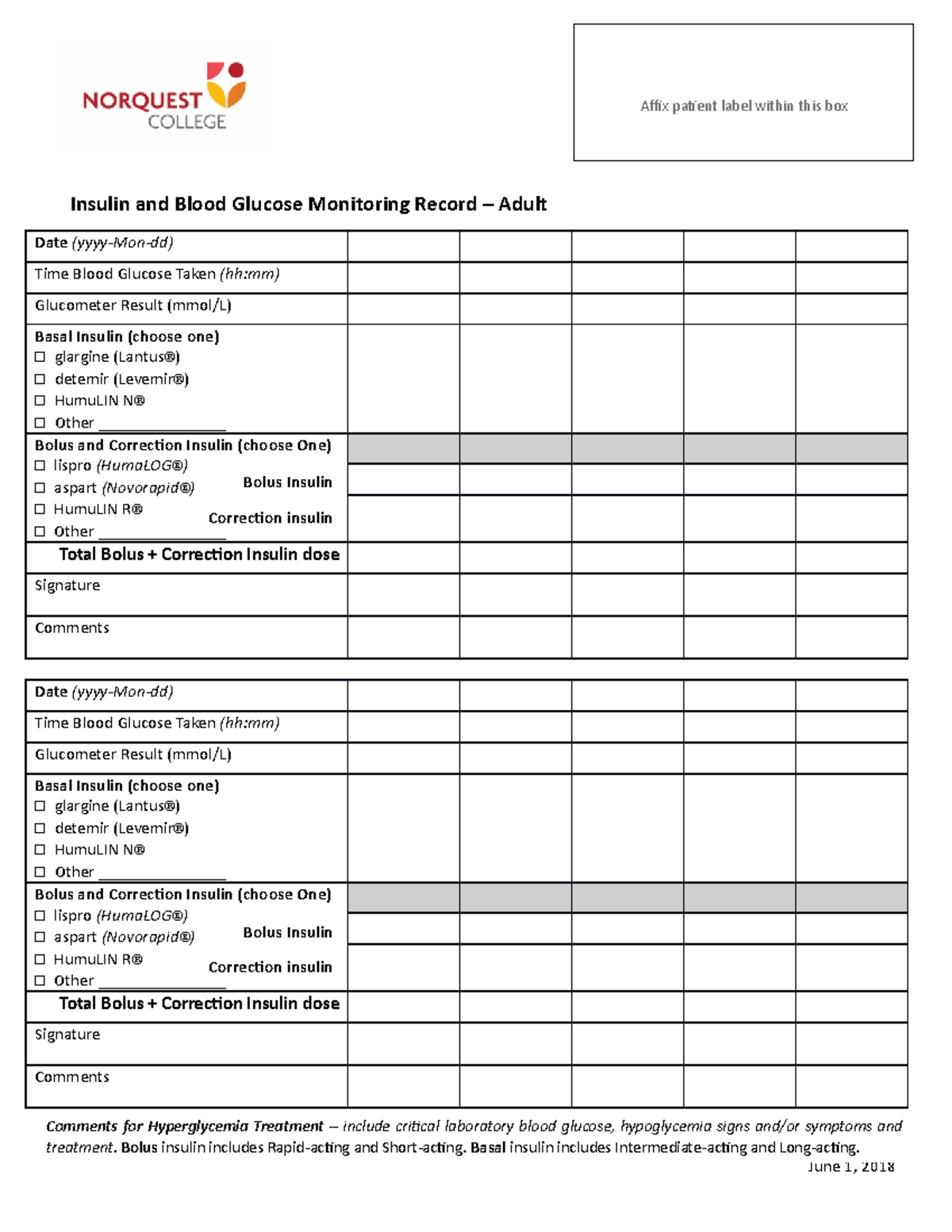 Insulin and Blood Glucose Monitoring Record - Bolus insulin includes ...