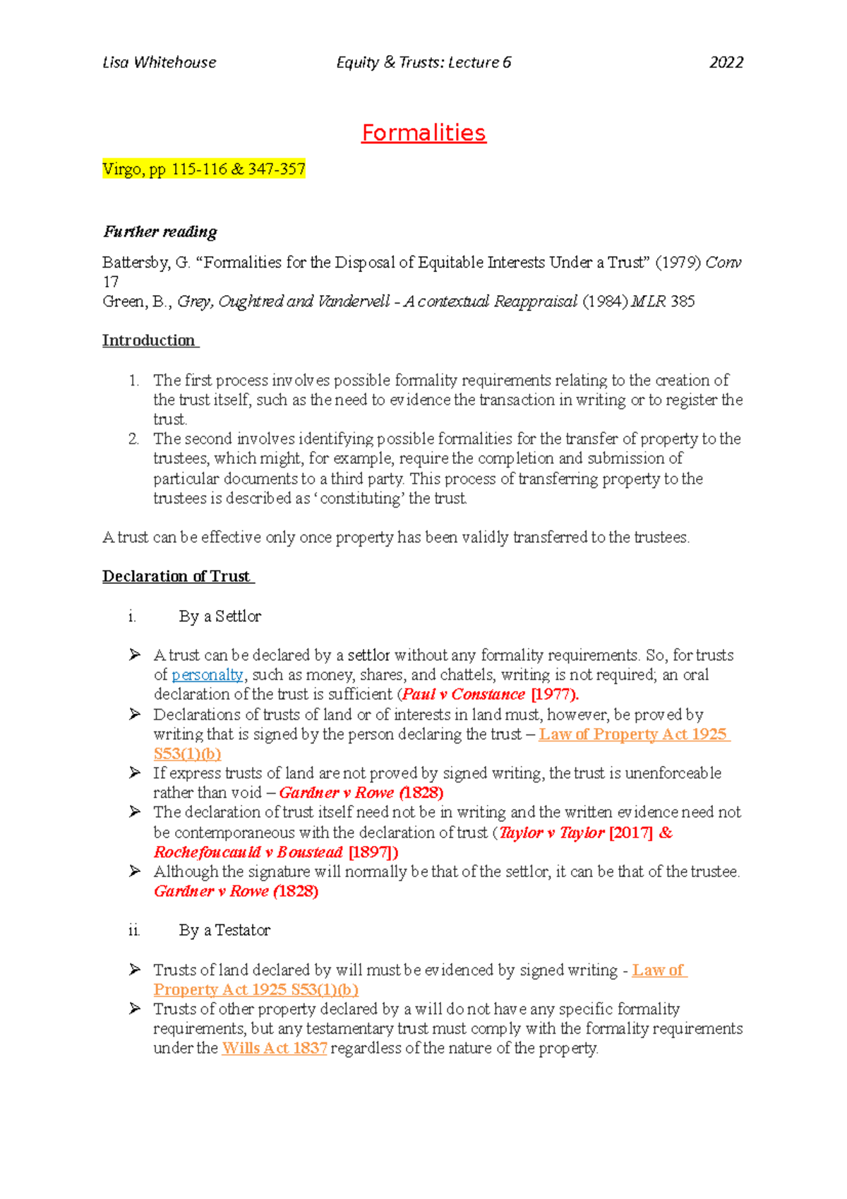 Lecture Handout 6 - Formalities - Lisa Whitehouse Equity & Trusts ...
