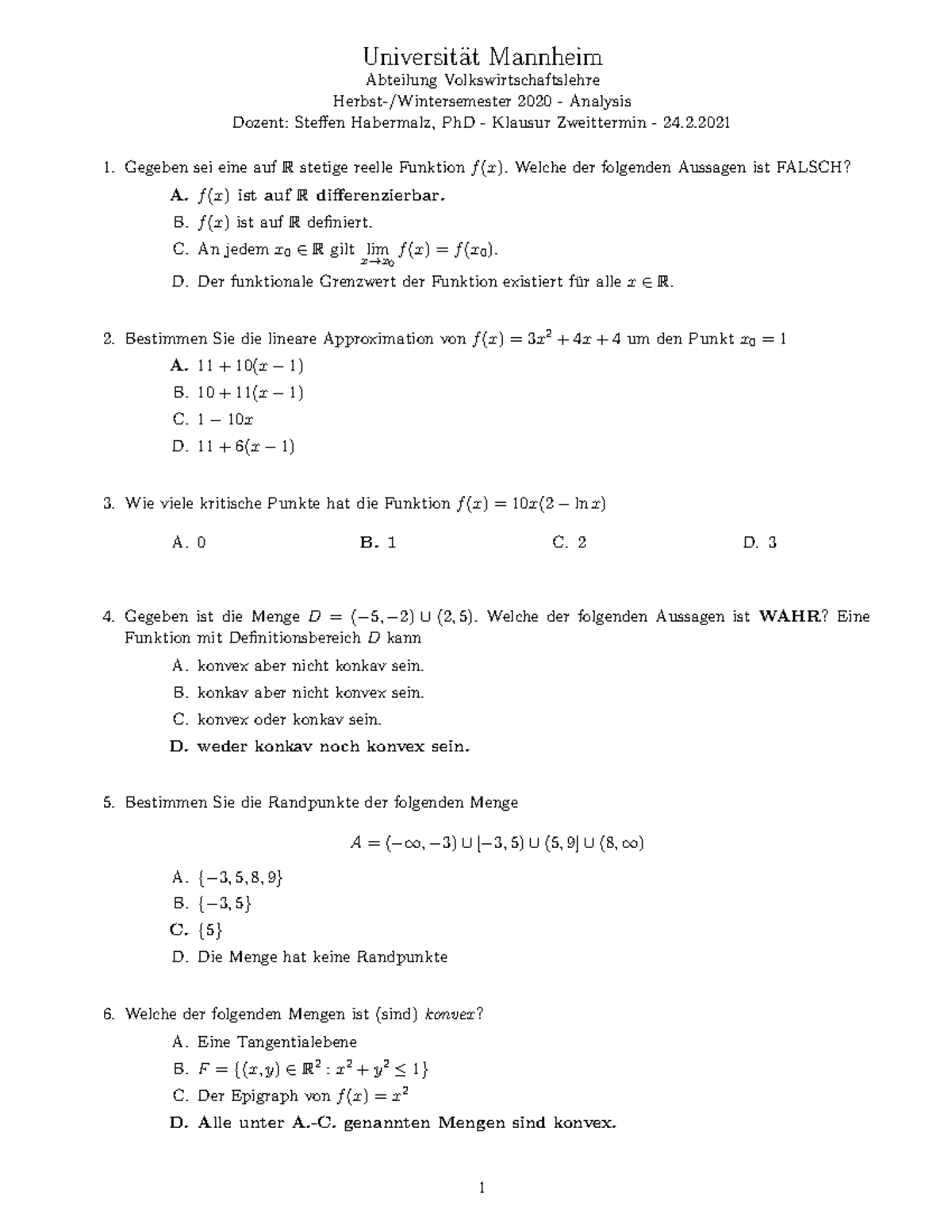 Klausur Analysis 2020T2Loesung - Universit ̈at Mannheim Abteilung Volkswirtschaftslehre - Studocu