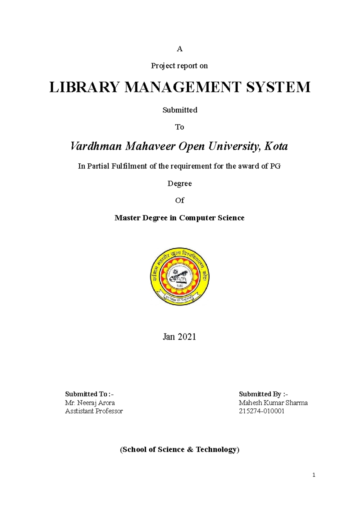 Project cover mks - A Project report on LIBRARY MANAGEMENT SYSTEM ...