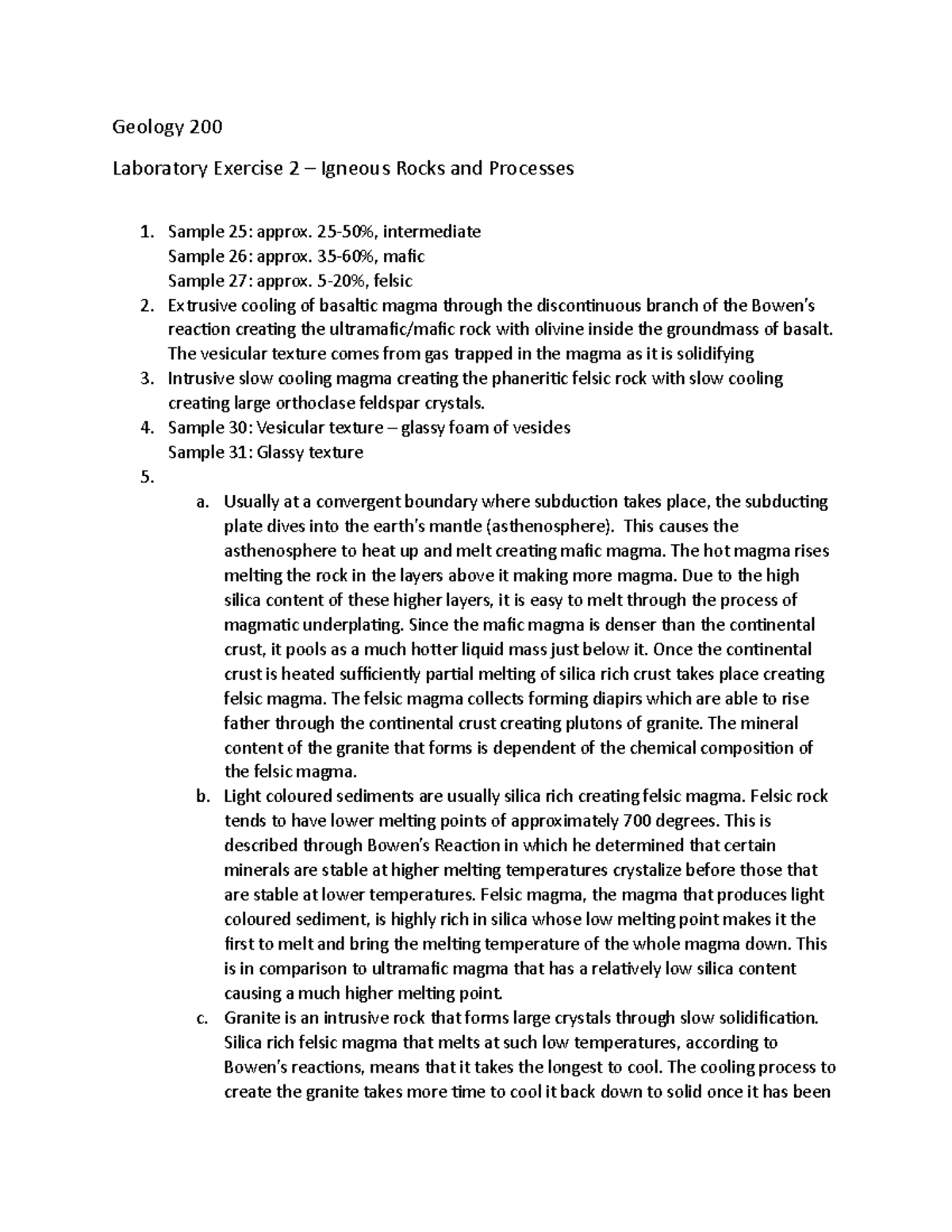 Geology 200 Lab 2 - Lab assignment 2 - Geology 200 Laboratory Exercise ...