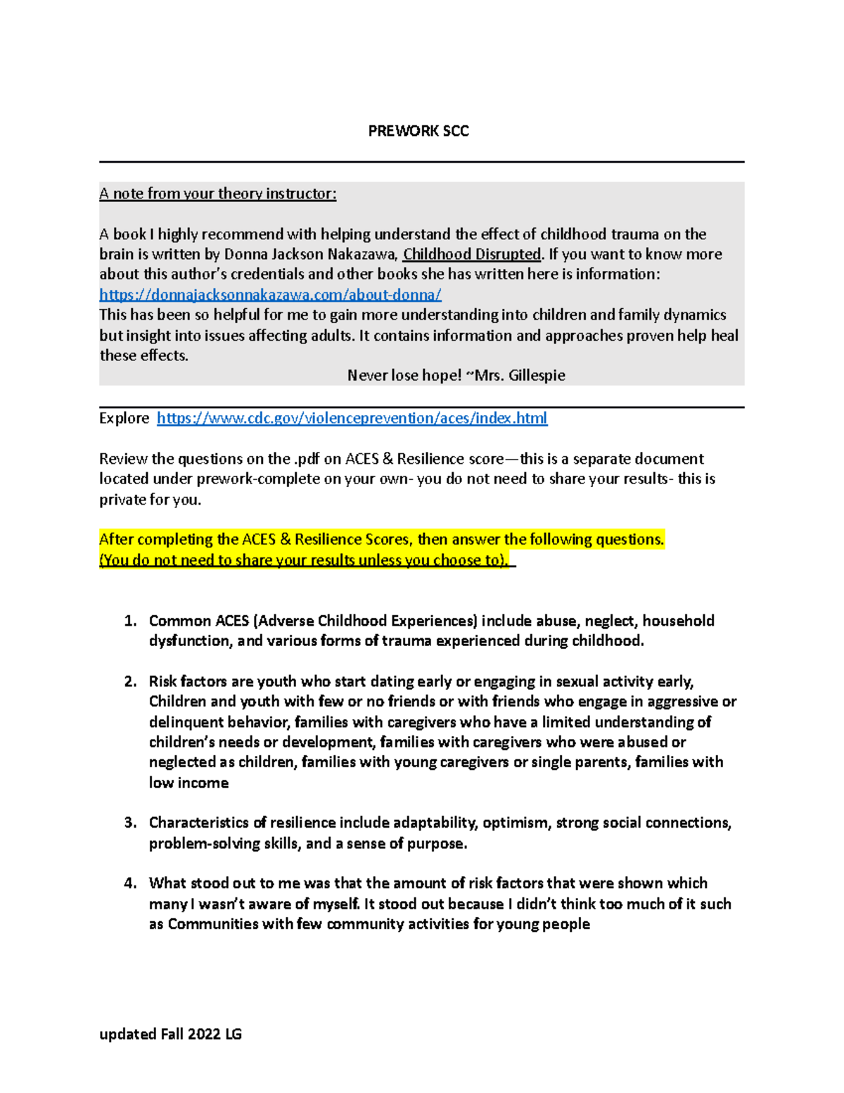 Prework for SCC Service Learning Experience - PREWORK SCC A note from ...