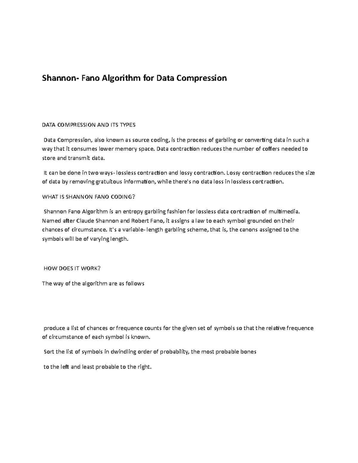 Shannon Fano Algorithm For Data Compression Data Contraction Reduces The Number Of Coffers