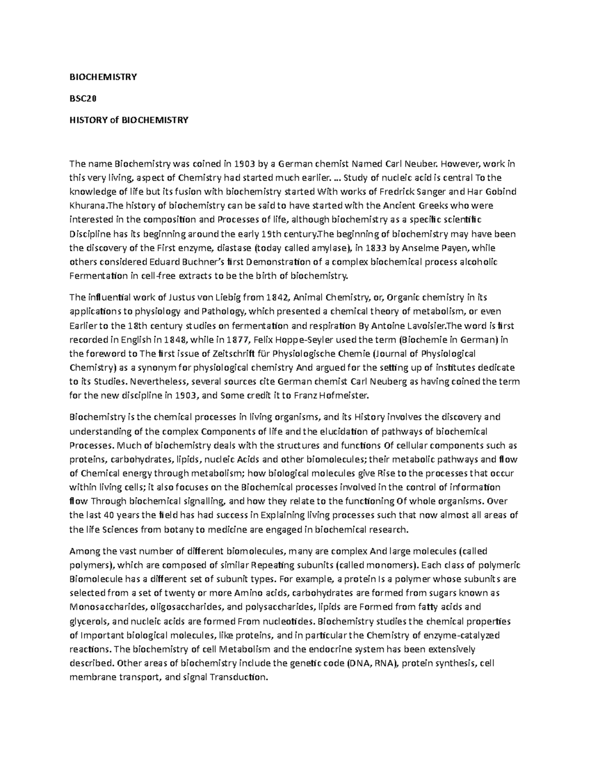 HISTORY of BIOCHEMISTRY - BIOCHEMISTRY BSC HISTORY of BIOCHEMISTRY The ...