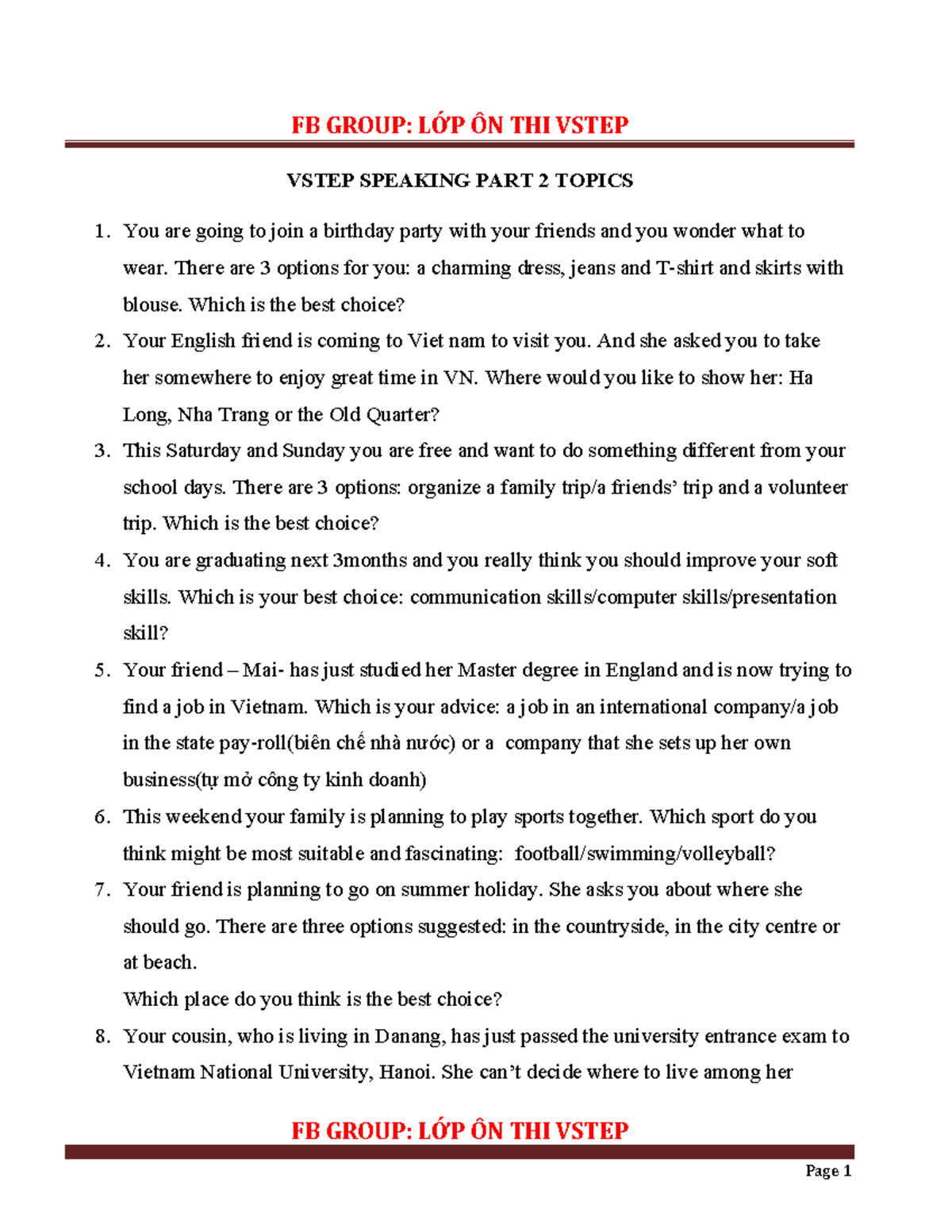 Vstep Speaking PART 2 Topics - FB GROUP: LỚP ÔN THI VSTEP VSTEP ...