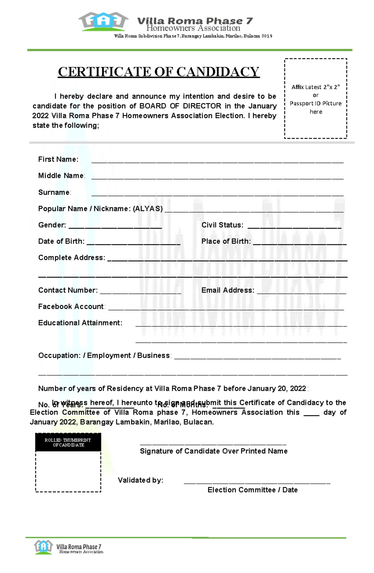 Sample COC - HOA - Homeowners Association Homeowners Association Villa ...