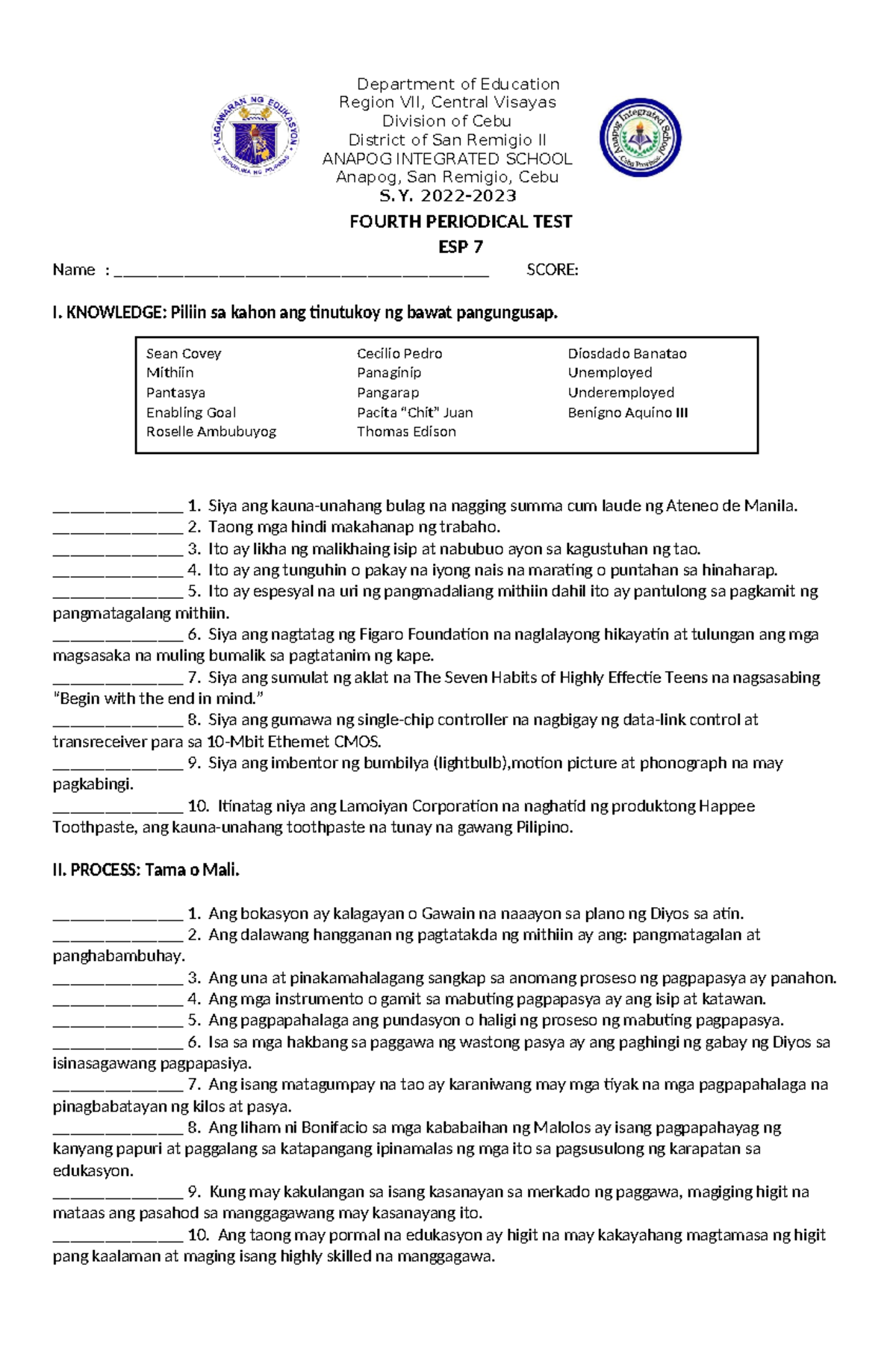 ESP 7 q4 Quarter exam - Exam - Department of Education Region VII ...