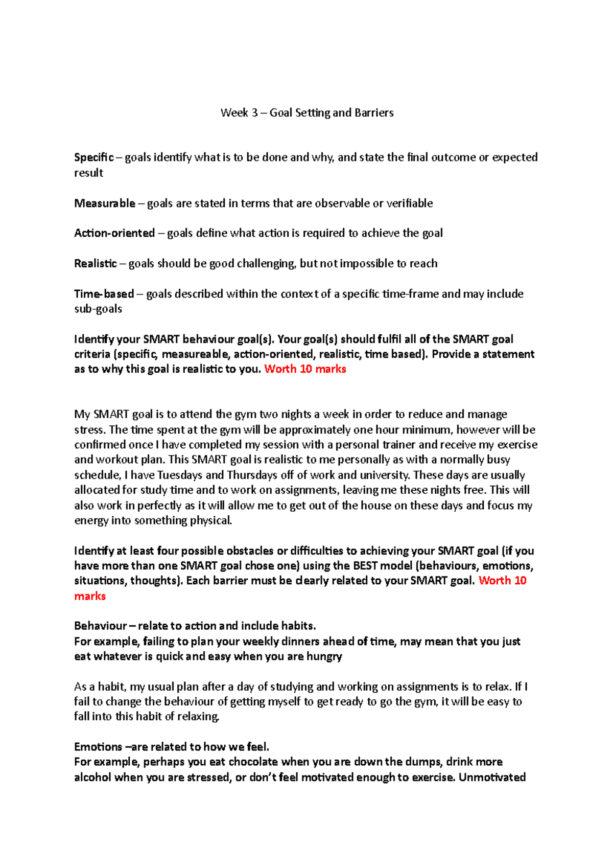 Week 3 – Goal Setting and Barriers - Week 3 – Goal Setting and Barriers ...