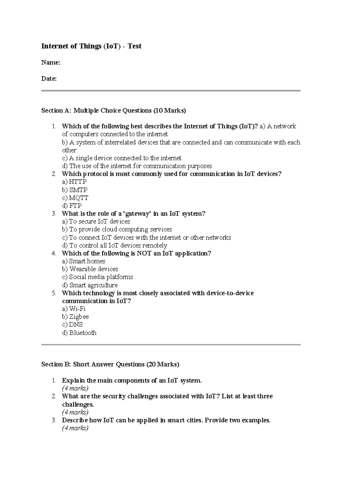 ICT Test - REVISION - Internet of Things (IoT) - Test Name: Date ...