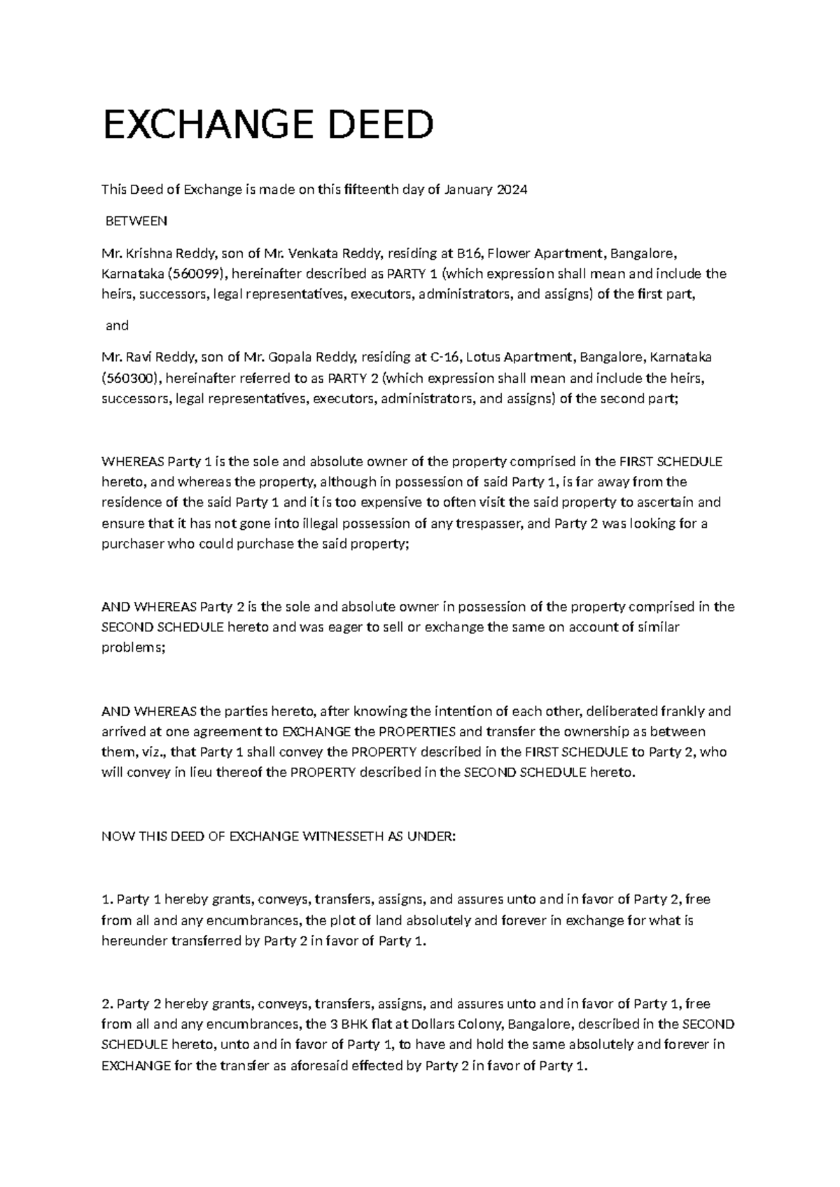 Exhange Deedd - EXCHANGE DEED This Deed of Exchange is made on this ...