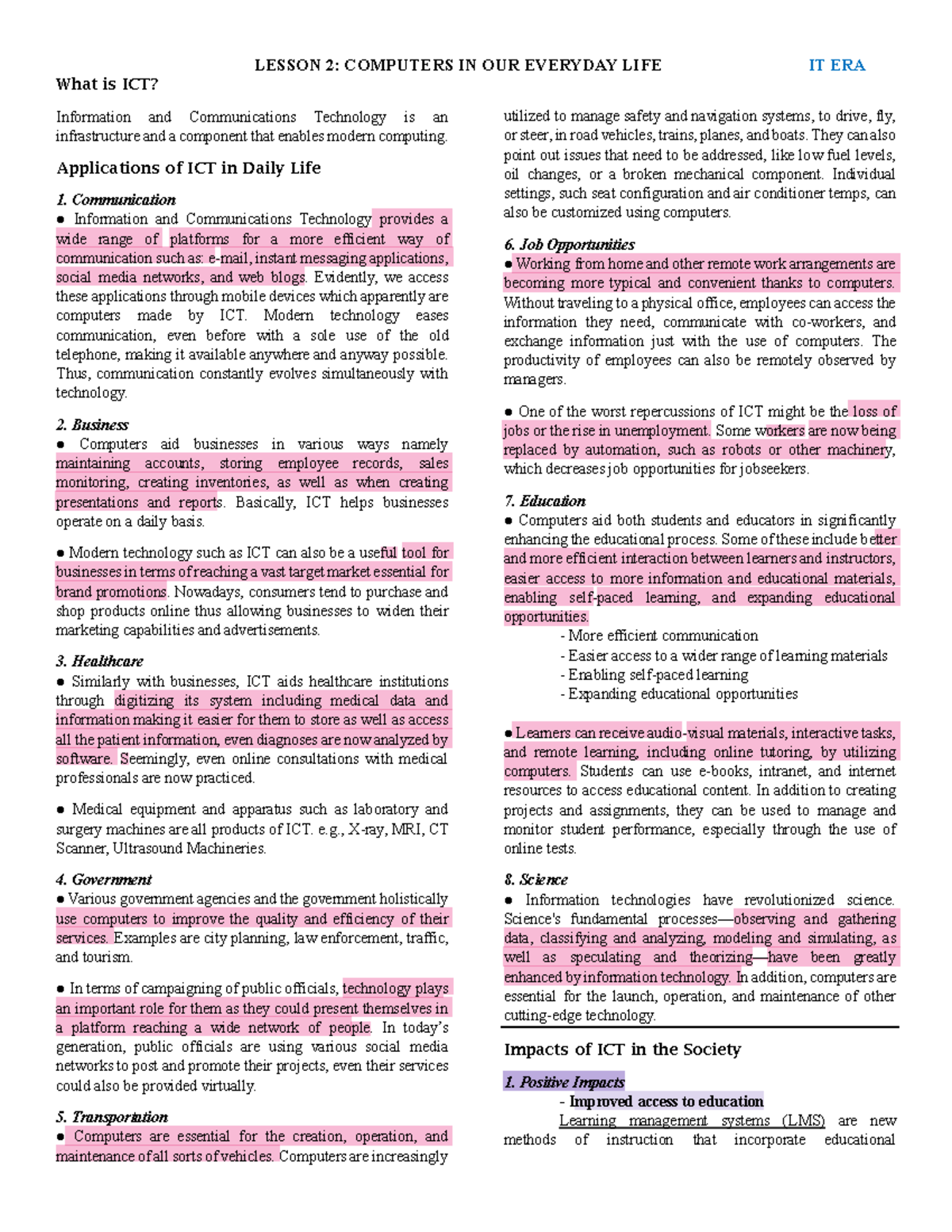 Lesson 2 - notes - LESSON 2: COMPUTERS IN OUR EVERYDAY LIFE IT ERA What ...