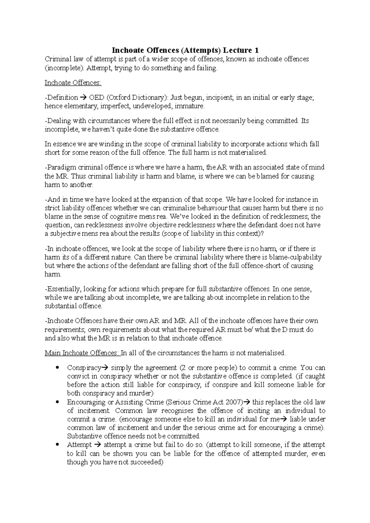 Attempt 1 - Lecture notes 1 - Inchoate Offences (Attempts) Lecture 1 ...