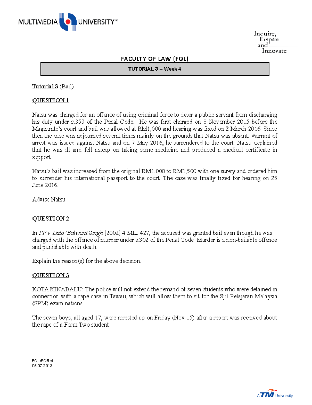 Week 4 Tutorial 2220 Question - FACULTY OF LAW (FOL) TUTORIAL 3 – Week ...