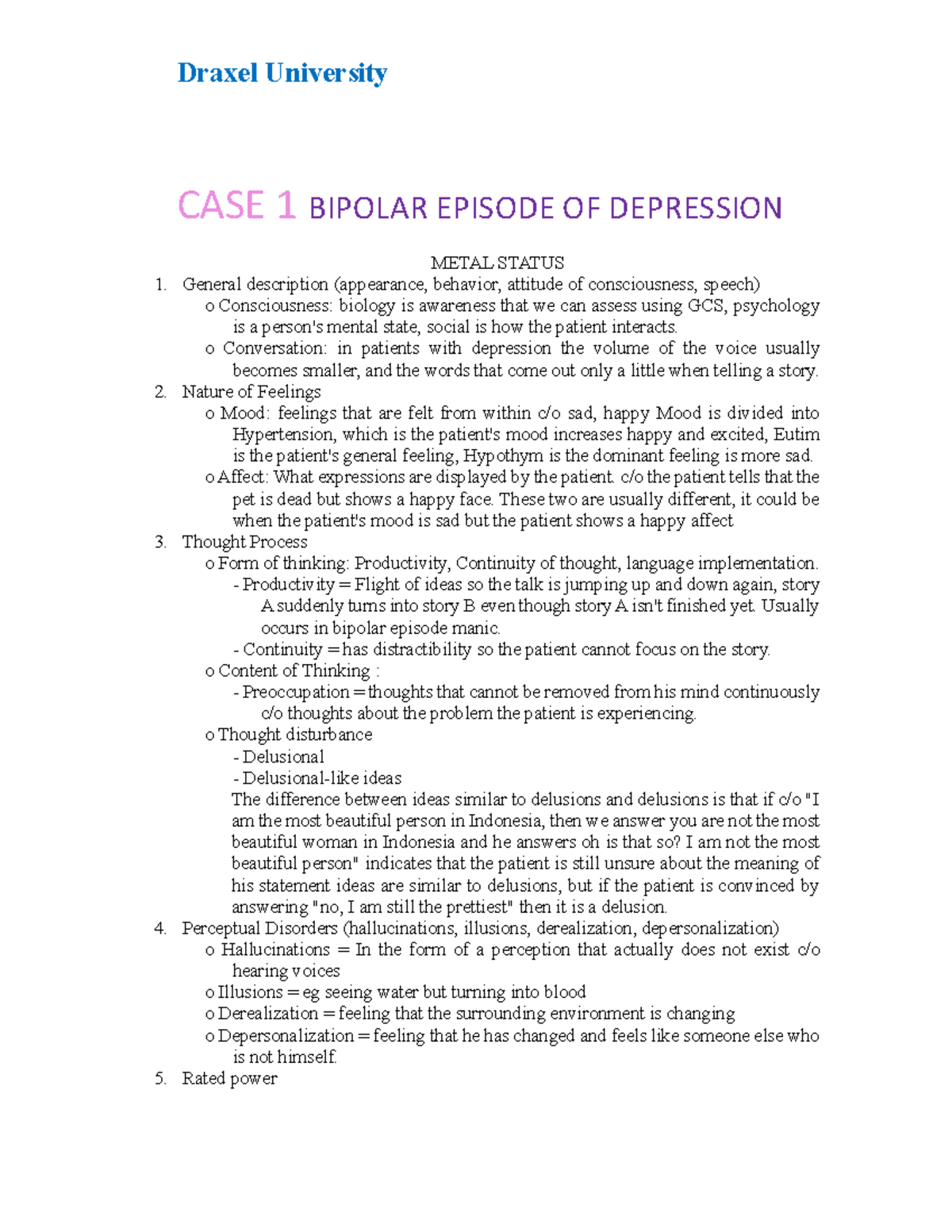 Lecturer Notes Bipolar Episode Of Depression Part 1 Medical Terminology Draxel University Case