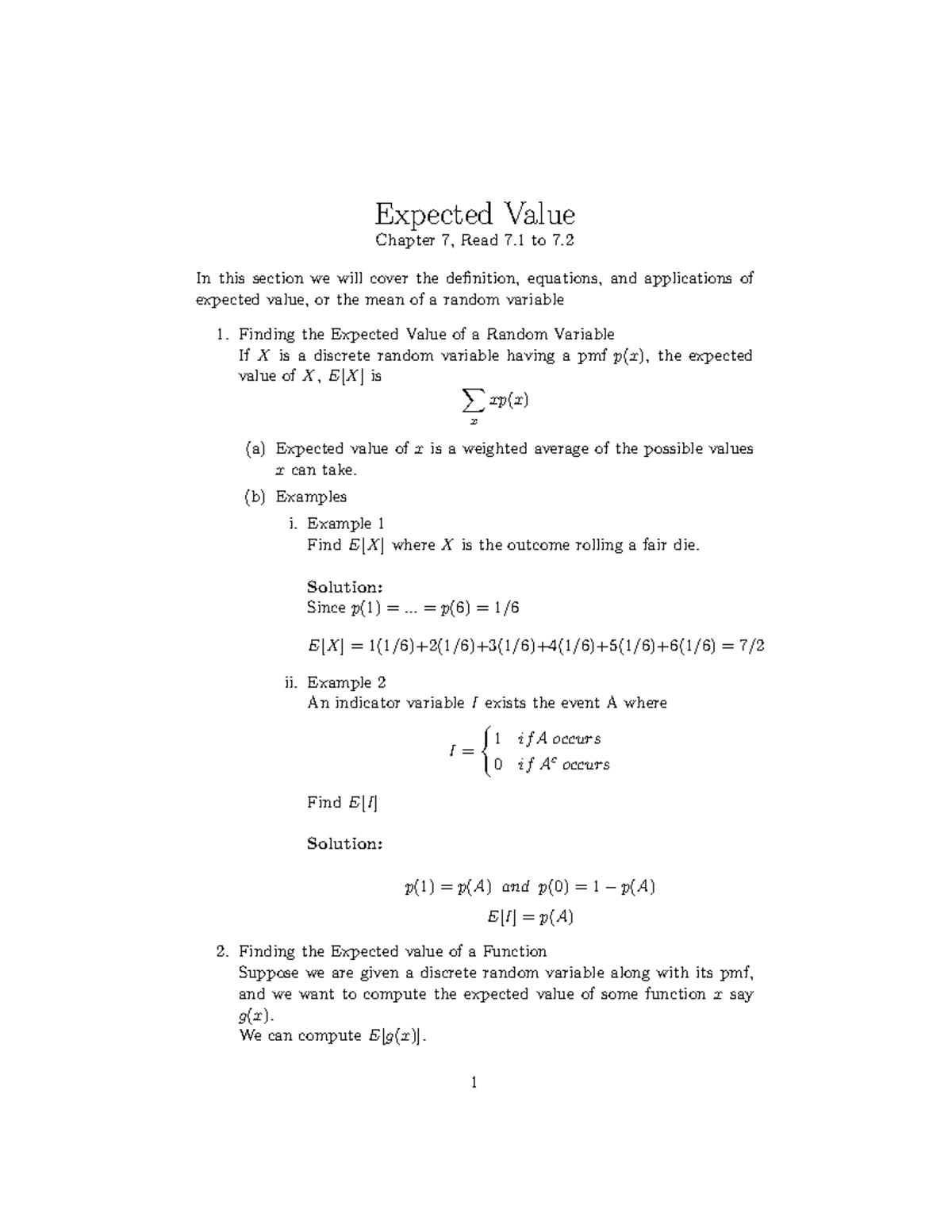 Notes Discrete Expectation Variance - Expected Value Chapter 7, Read 7 ...
