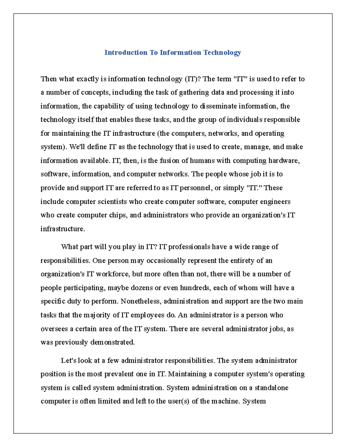 Introduction To Information Technology - We'll define IT as the ...