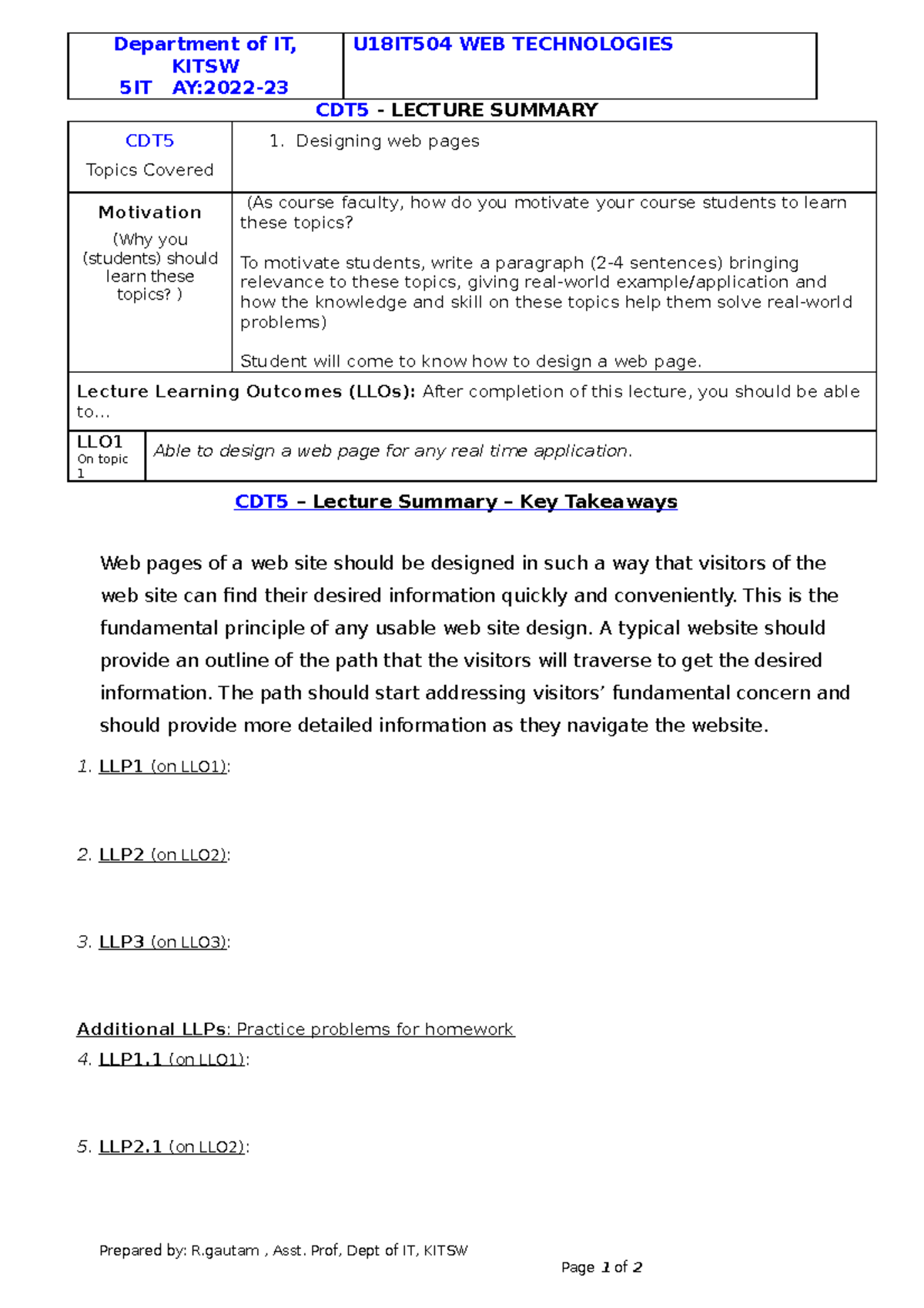 Designing web pages - Department of IT, KITSW 5IT AY:2022- U18IT504 WEB ...